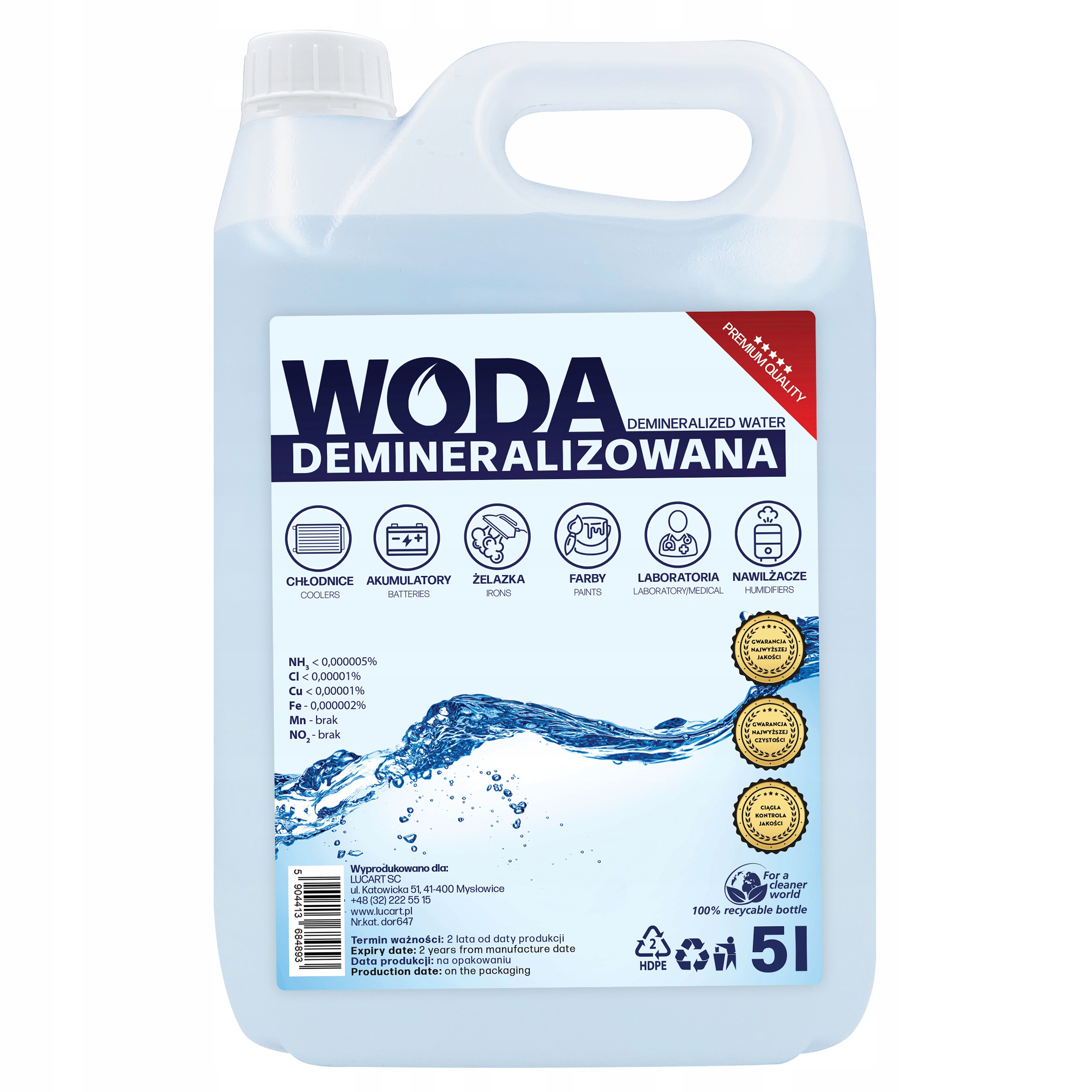 WODA DEMINERALIZOWANA WODA DESTYLOWANA 5L PREMIUM NAJCZYSTSZA ...