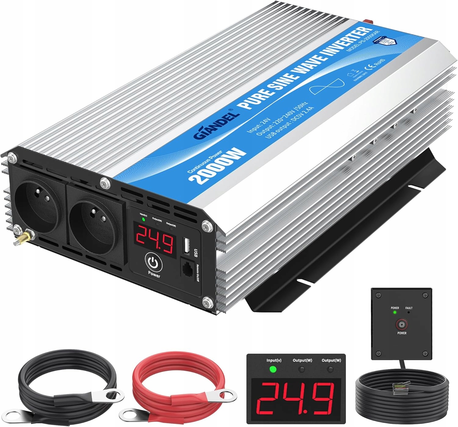 GIANDEL Falownik sinusoidalny 12 V na 230 V, czysta sinusoida, 2000 W ...