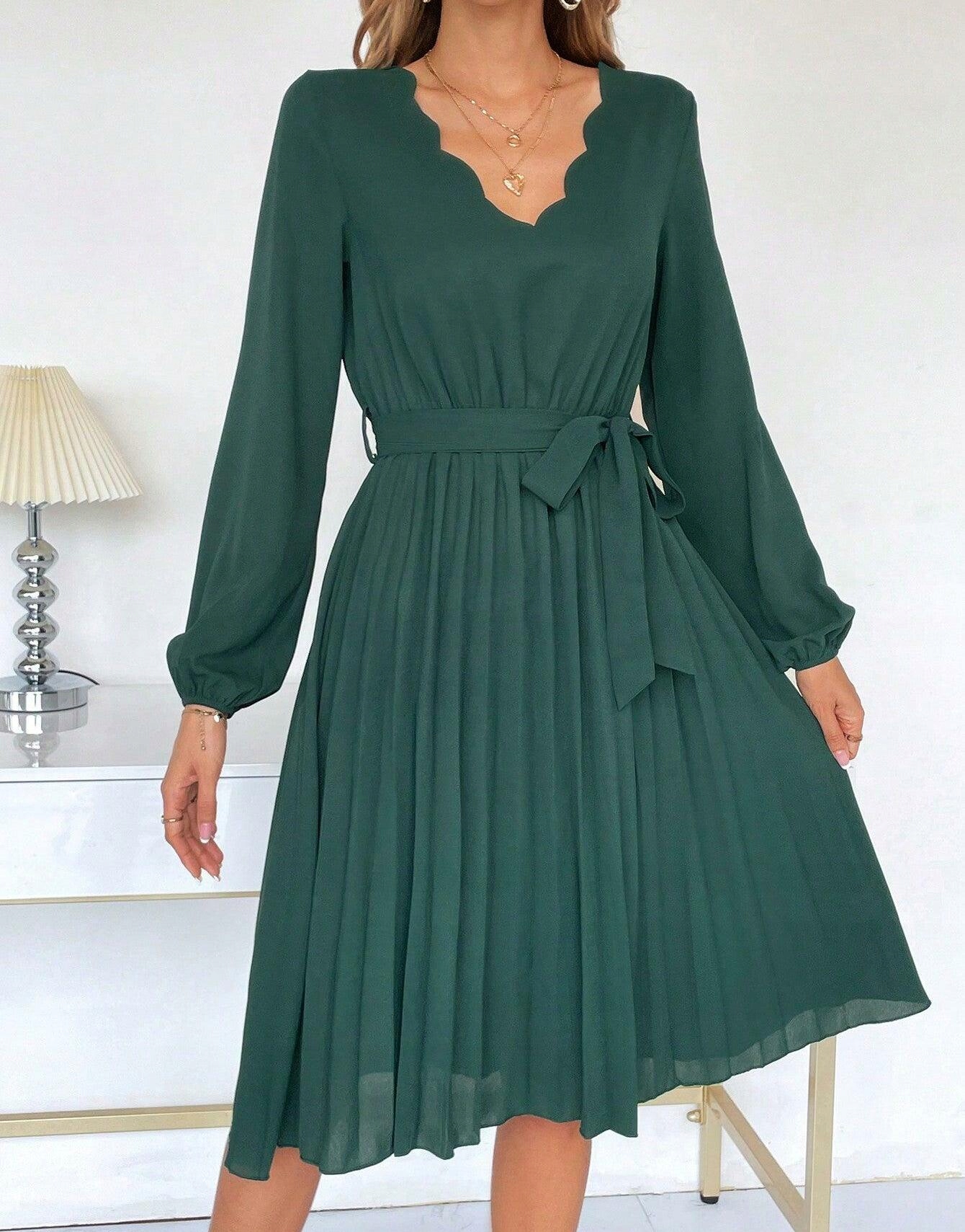 ZIELKONA PLISOWANA ELEGANCKA SUKIENKA MIDI DŁUGI RĘKAW SHEIN 36 • Cena, Opinie - Allegro