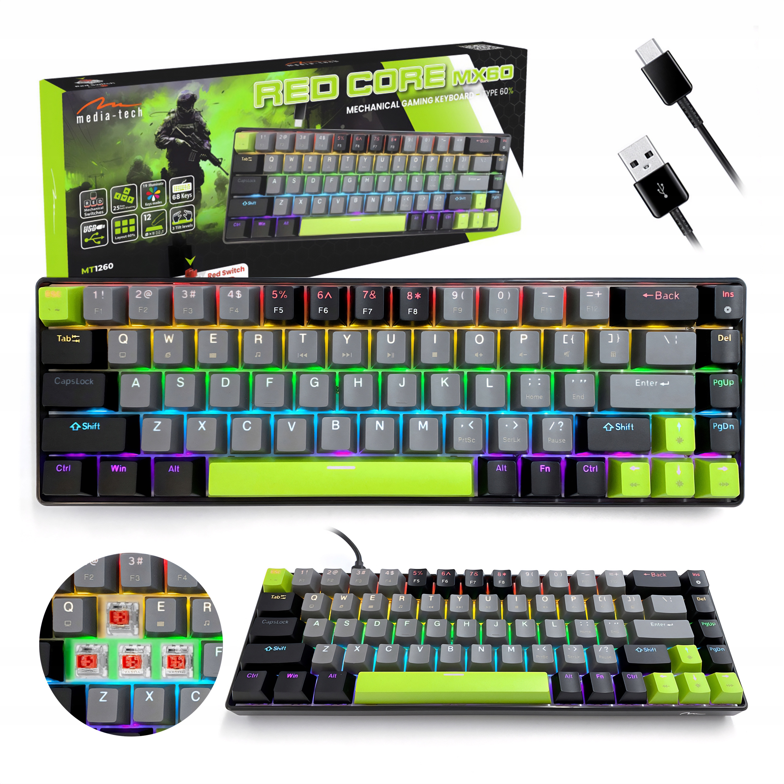 KLAWIATURA RED CORE MX60 MT1260 MEDIA-TECH 60% RGB MECHANICZNA DO GIER ...