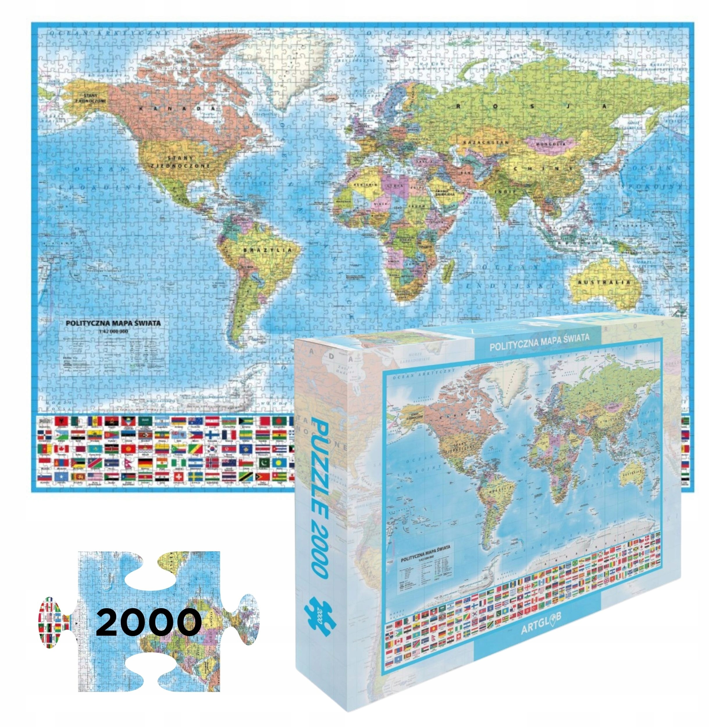 PUZZLE Z MAPĄ ŚWIATA mapa polityczna POMYSŁ NA PREZENT duże 2000 el ...