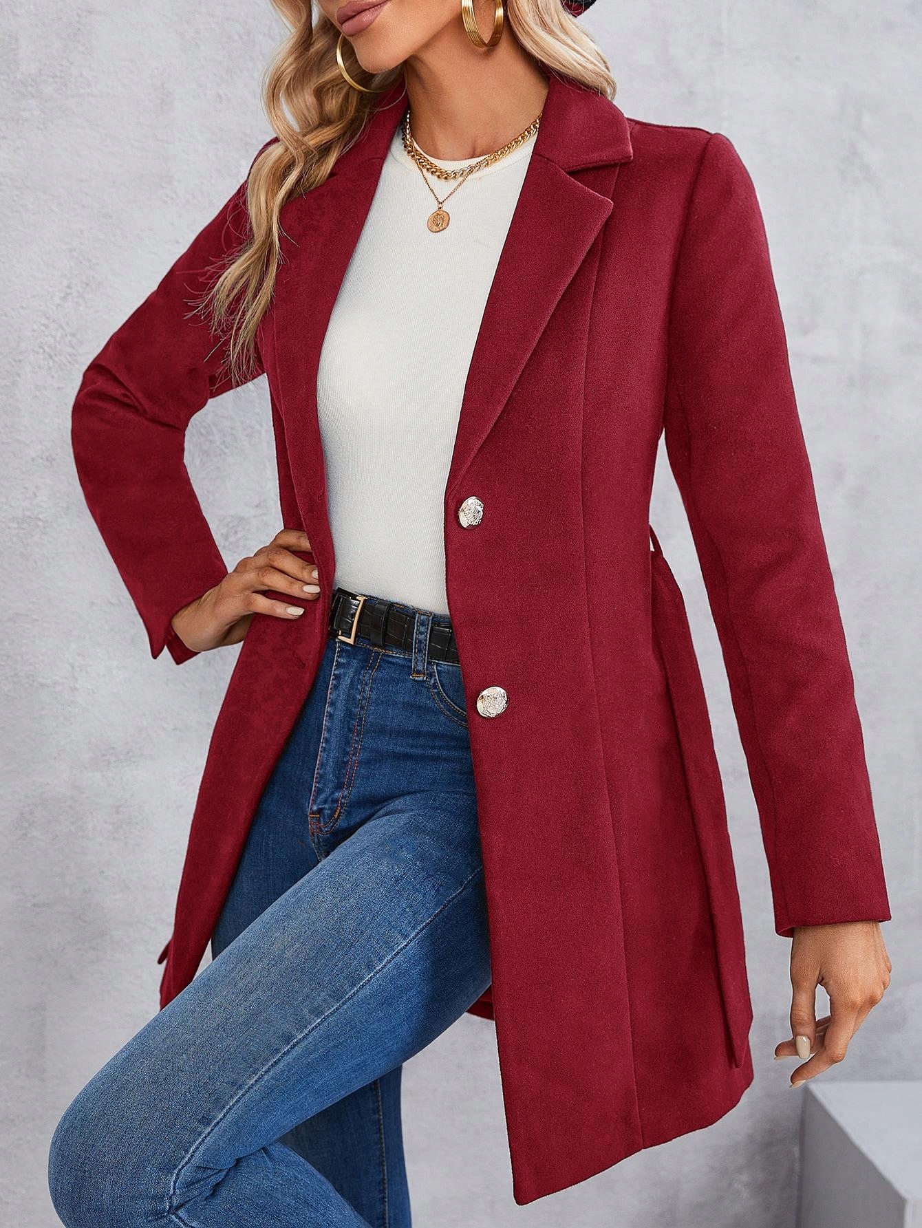 ELEGANCKI BORDOWY PŁASZCZ KLASYCZNY SHEIN M 14695729112 - Allegro.pl