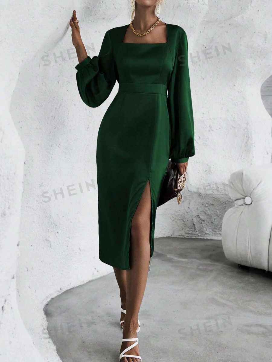 SHEIN SUKIENKA MIDI Z ROZCIĘCIEM I BUFIASTYM RĘKAWEM ZIELONA S 940 • Cena, Opinie • Sukienki ...