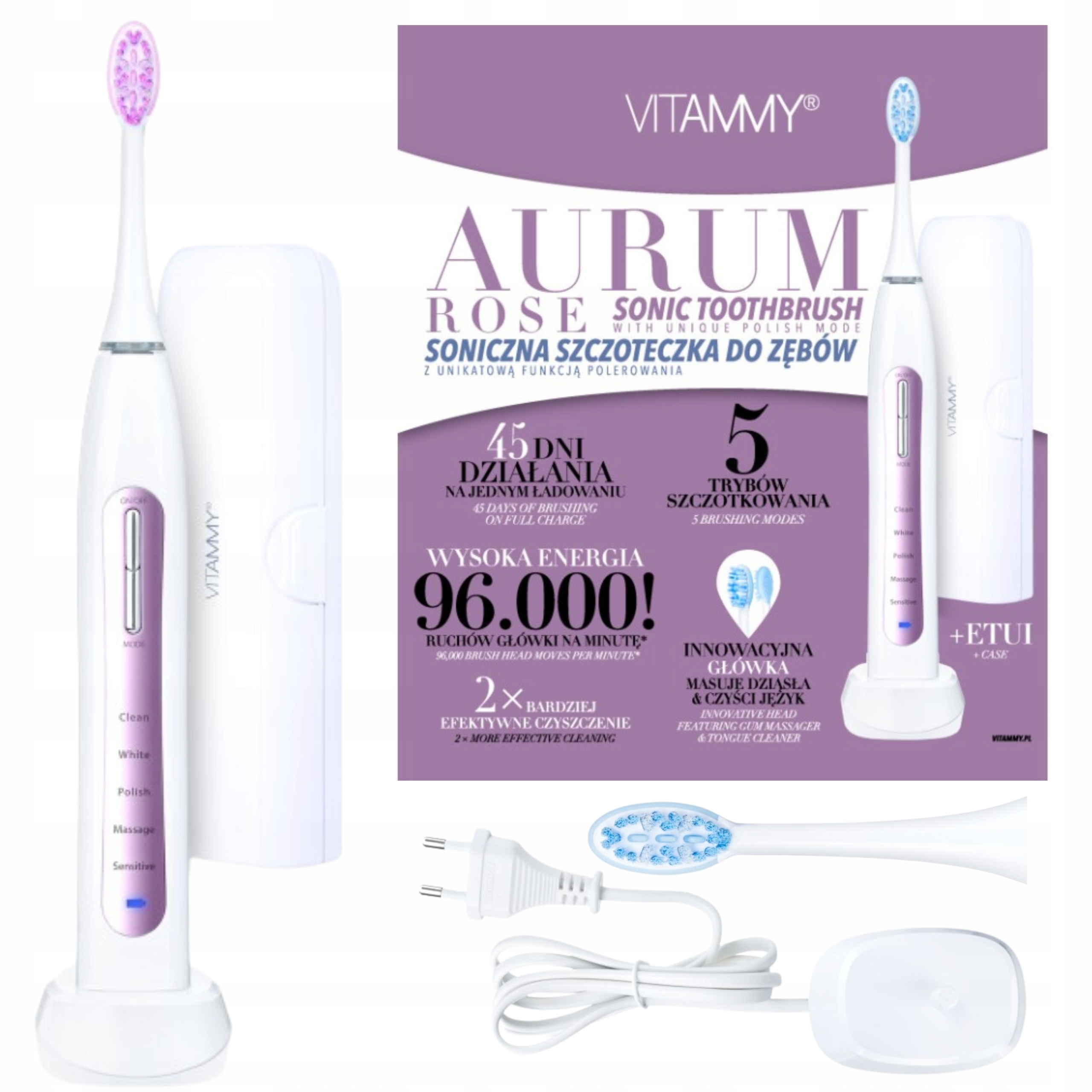 SZCZOTECZKA SONICZNA DO ZĘBÓW VITAMMY AURUM ROSE +ETUI 5PROGRAMÓW TIMER (5901793640594) • Cena ...