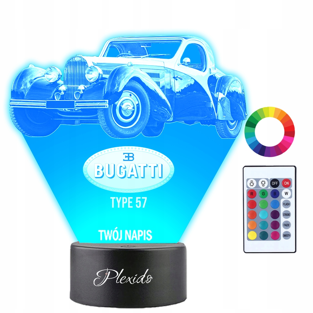 Lampka Nocna LED 3D Bugatti Type 57 Samochód Twój Napis Imię Grawer ...