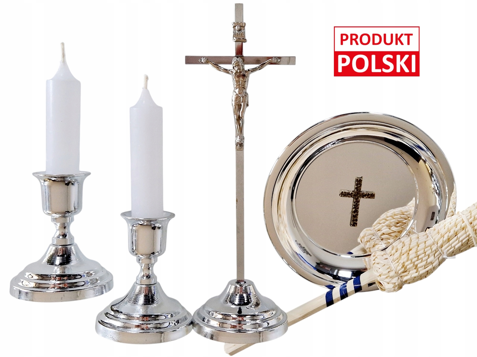 STYLOWY WYSOKI SREBRNY ZESTAW KOMPLET KOLĘDOWY kolęda kropidło lichtarz ...