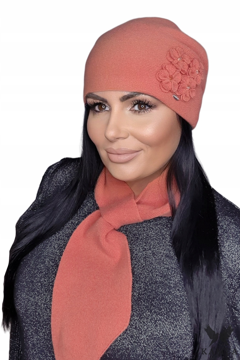 ZIMOWA CZAPKA damska 100% WEŁNA ozdobna APLIKACJA Kamea ANDREA Ruda ...