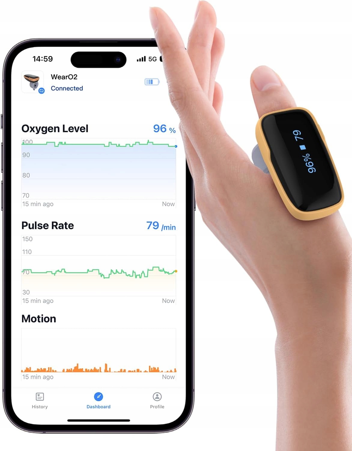 Pulzní Oxymetr WearO2 wearable SpO2 s vibrační oranžovou aplikací APP ...