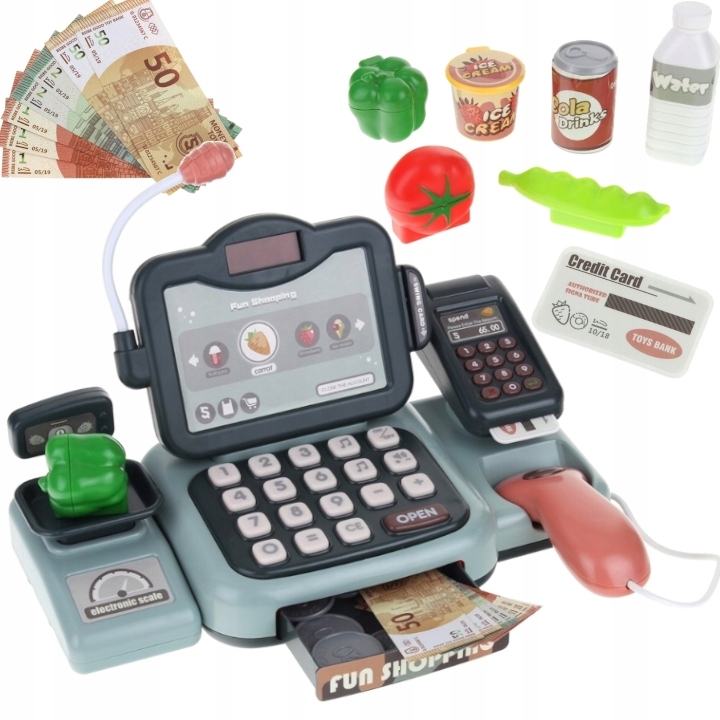 DĚTSKÁ POKLADNA FISKÁLNÍ KALKULAČKA TERMINÁL PRODUKTY PENÍZE ...