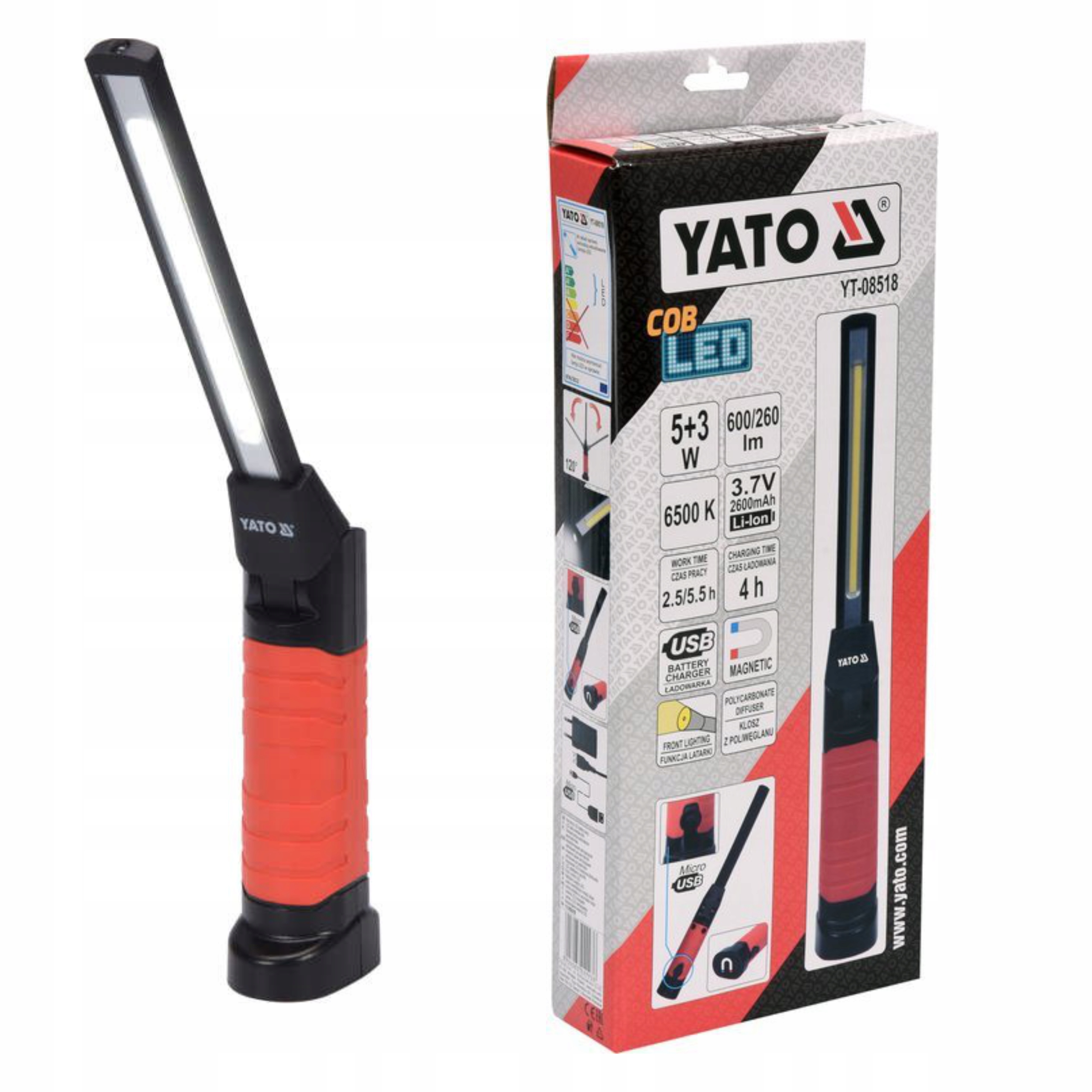 YATO LAMPA WARSZTATOWA AKUMULATOROWA LATARKA LED COB 5W +3W YT-08518 6500K 5906083029936 za 142 ...