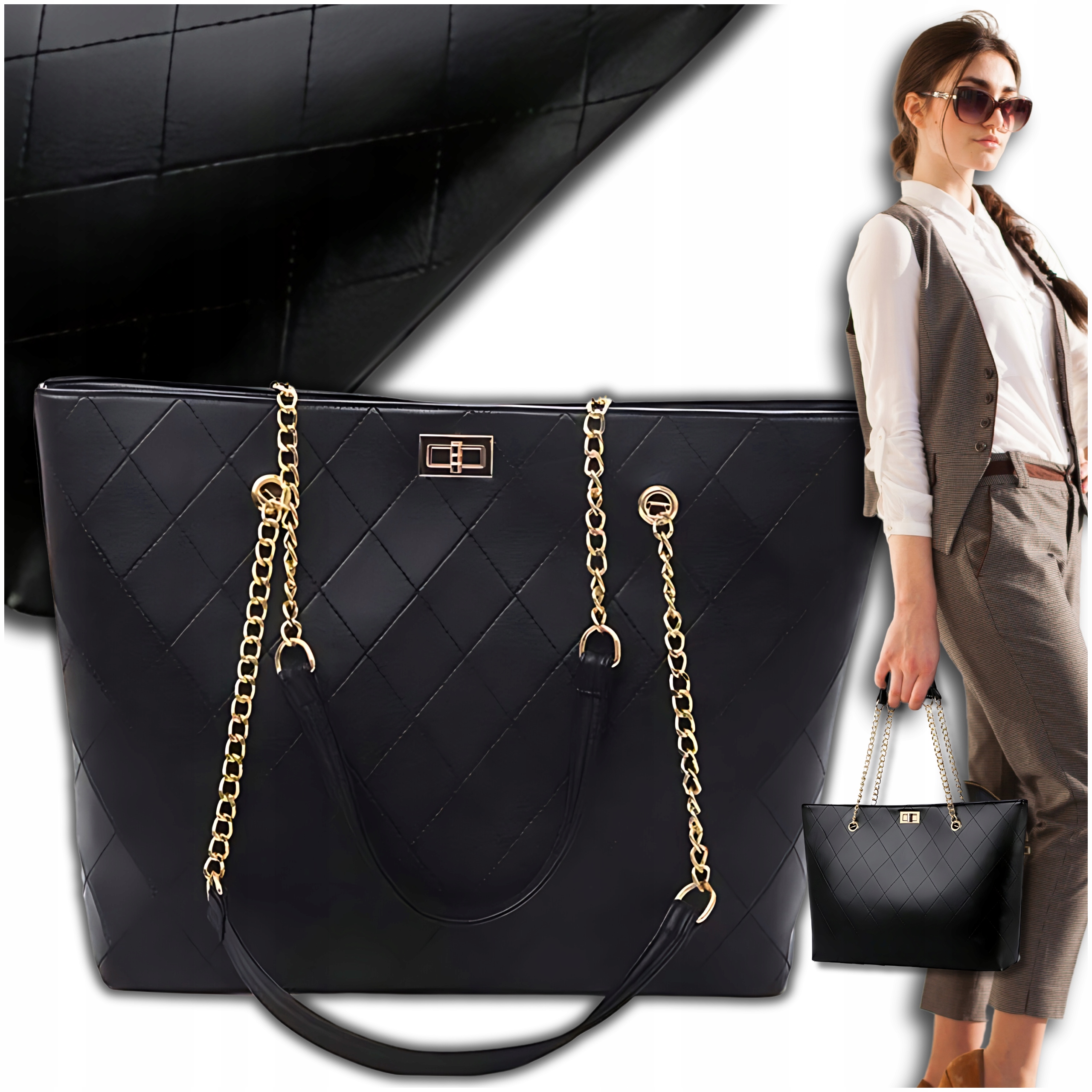 Czarna DAMSKA SKÓRZANA POJEMNA TORBA BAD&BAGS Na Ramię Duża Shopper TOREBKA (5905884000458 ...