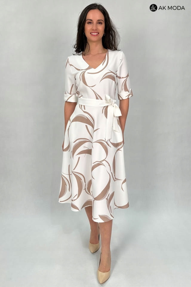 AK MODA POLSKA BEŻOWA JASNA SUKIENKA MIDI PASEK WISKOZA KOMUNIA WESELE ...