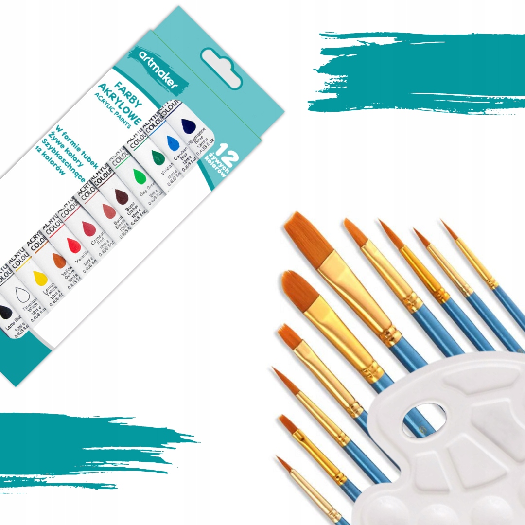 Farby Akrylowe Pędzelki Paletka Pędzelki Akryle Zestaw Malarski Prezent ...