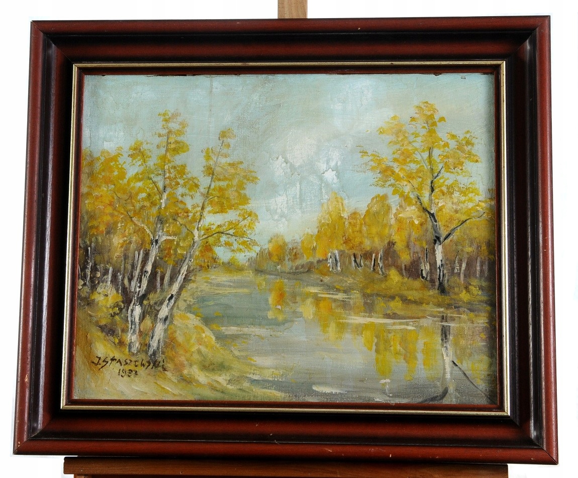 J. STASZEWSKI "JESIENNE BRZOZY NAD WODĄ" PRZEPIĘKNY OBRAZ OLEJNY !!! • Cena, Opinie • Pejzaż ...