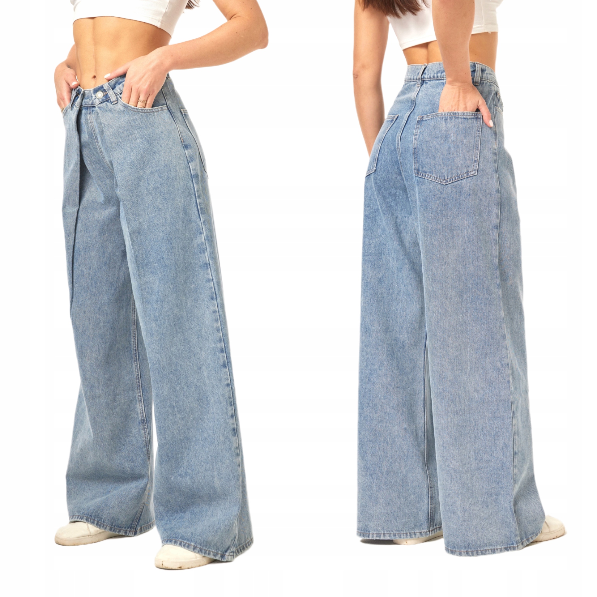 JEANSY DAMSKIE PROSTE SPODNIE SZEROKIE PALAZZO WIDE LEG WYSOKI STAN L ...