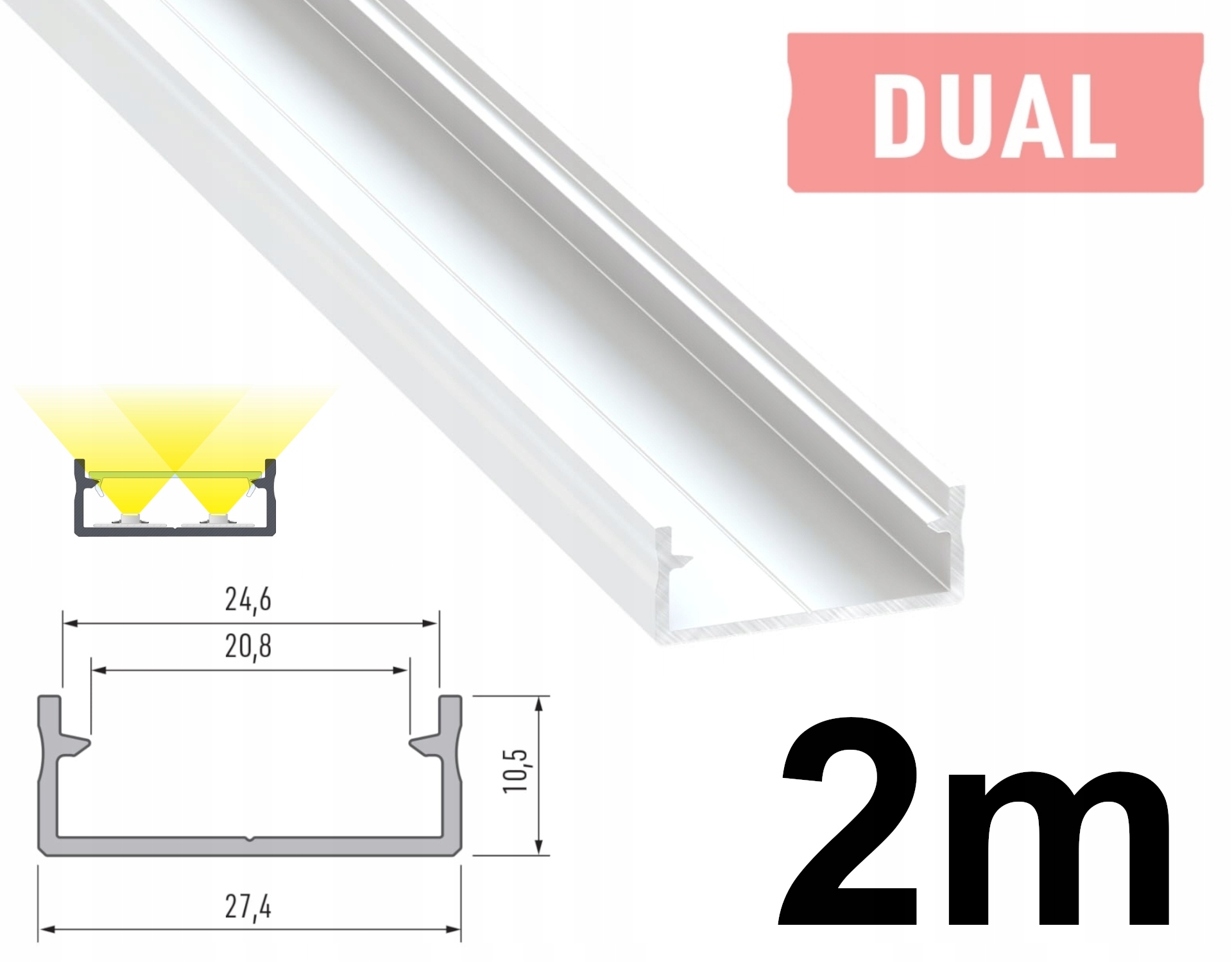 PROFIL LED SZEROKI NA 2 TAŚMY LED DUAL BIAŁY 2M (PROFIL DO LED TYP DUAL ...
