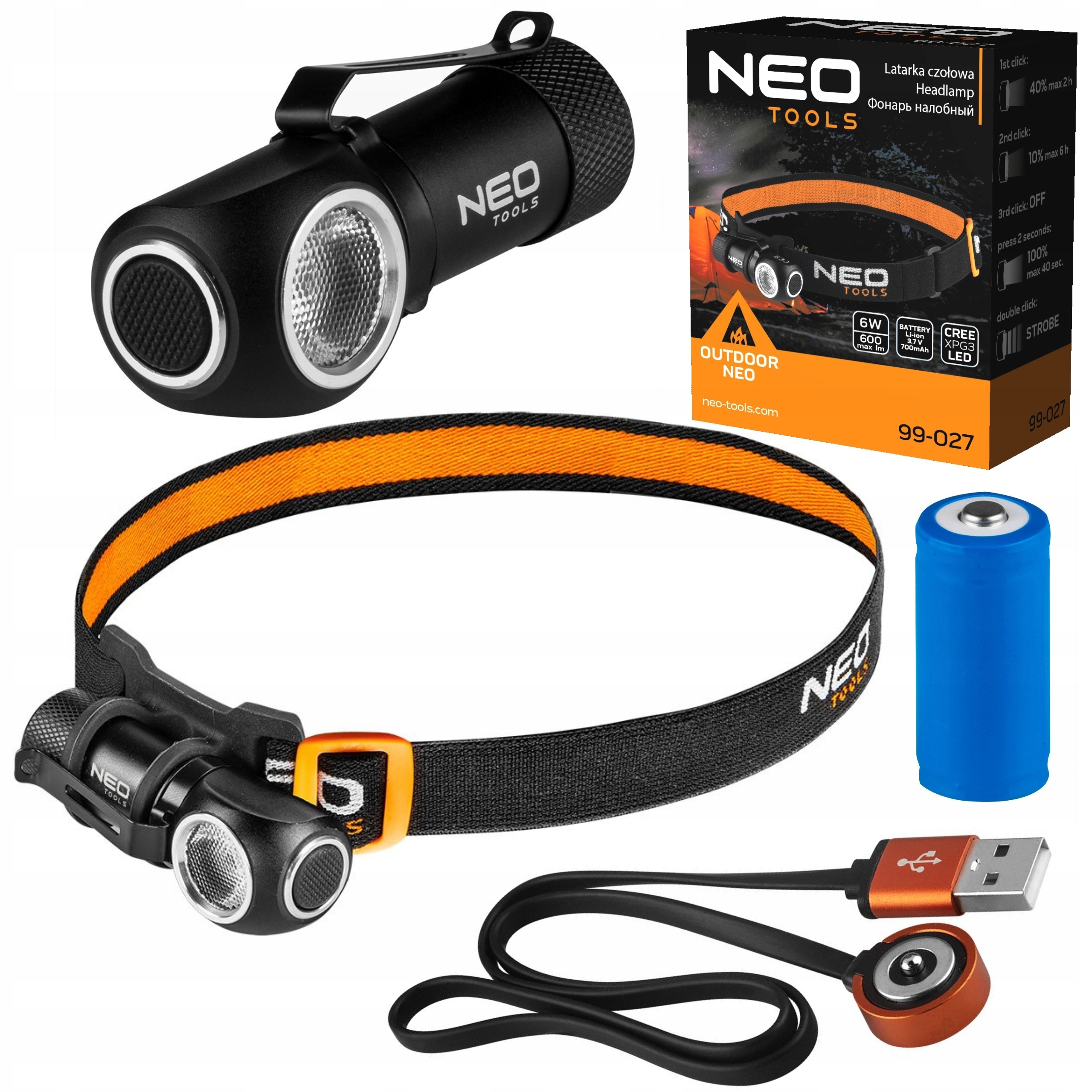 NEO Latarka czołowa akumulat. 600 lm USB magnet. ładowanie CREE XPG3 LED - 5907558451252 ...