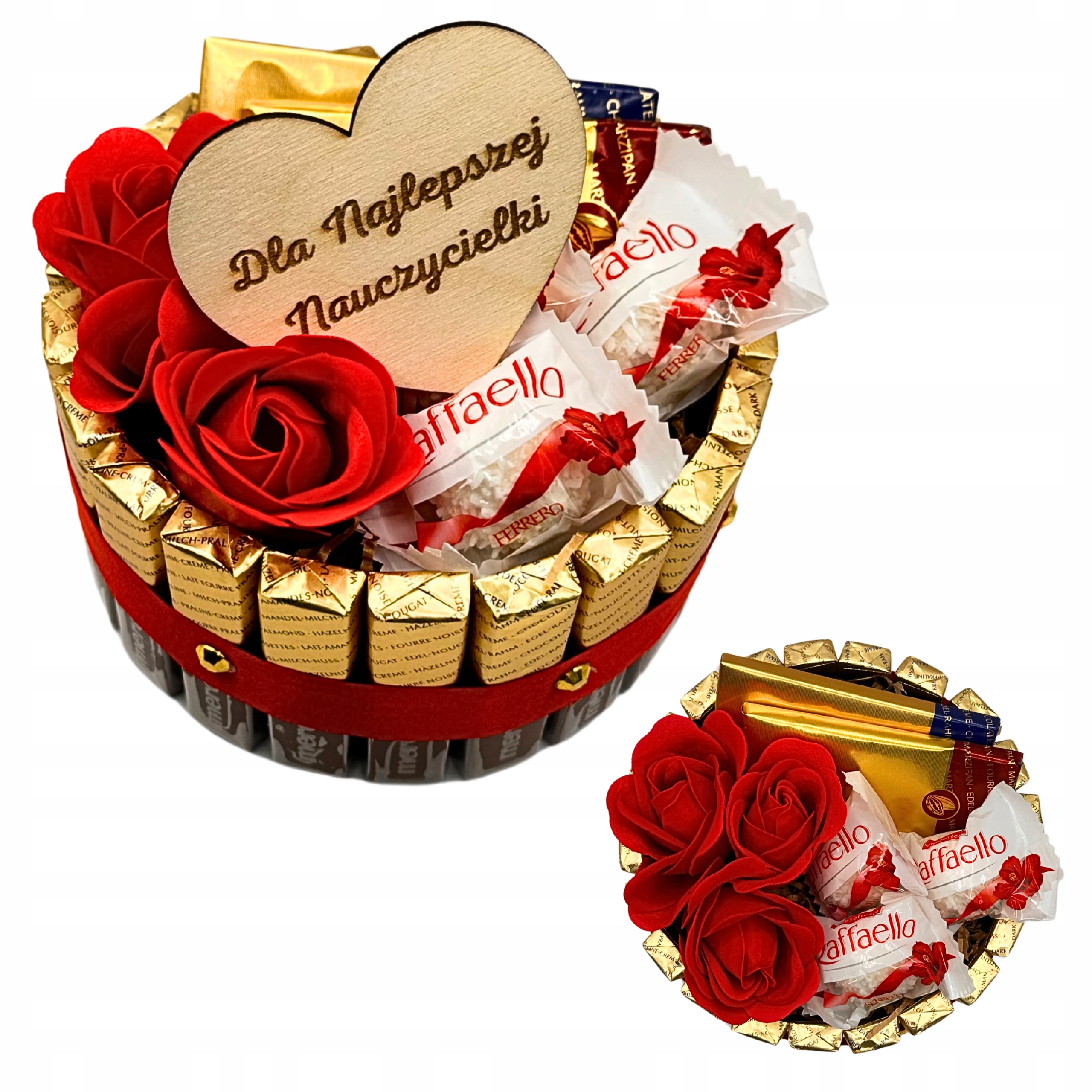 TORT MERCI KOSZ PREZENTOWY ZESTAW SŁODYCZY PREZENT UPOMINEK RÓŻE ...