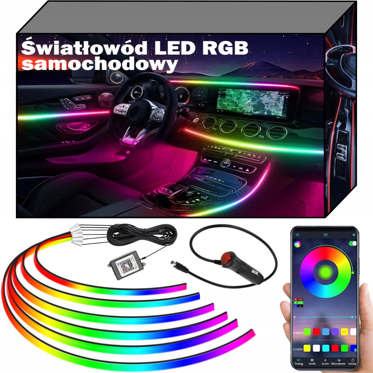 ŚWIATŁOWÓD DO SAMOCHODU oświetlenie LED RGB 7m AMBIENT El Wire 6w1 ...