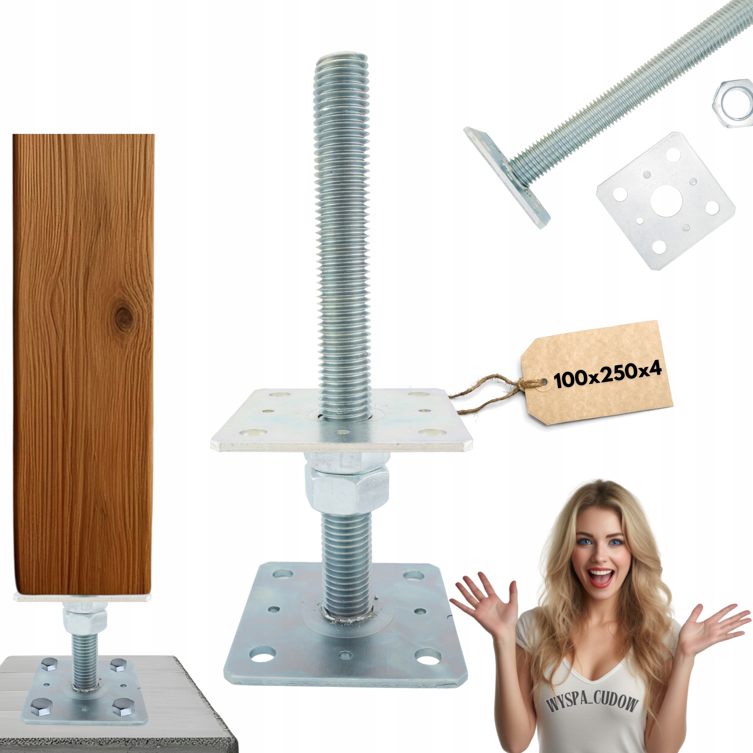 PODSTAWA SŁUPA REGULOWANA PSR100 100X100 M24 KOTWA OCYNKOWANA MOCNA TRWAŁA (5900354917045 ...