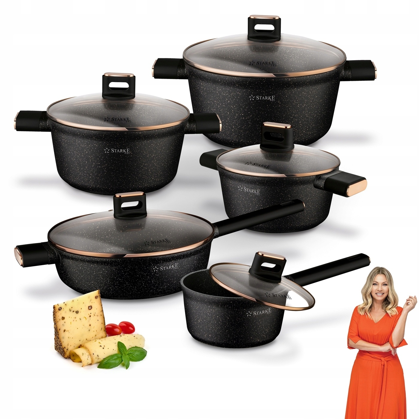 Zestaw GARNKÓW Indukcja PATELNIA Rondel Starke Pro Starlet Black 10 el ...