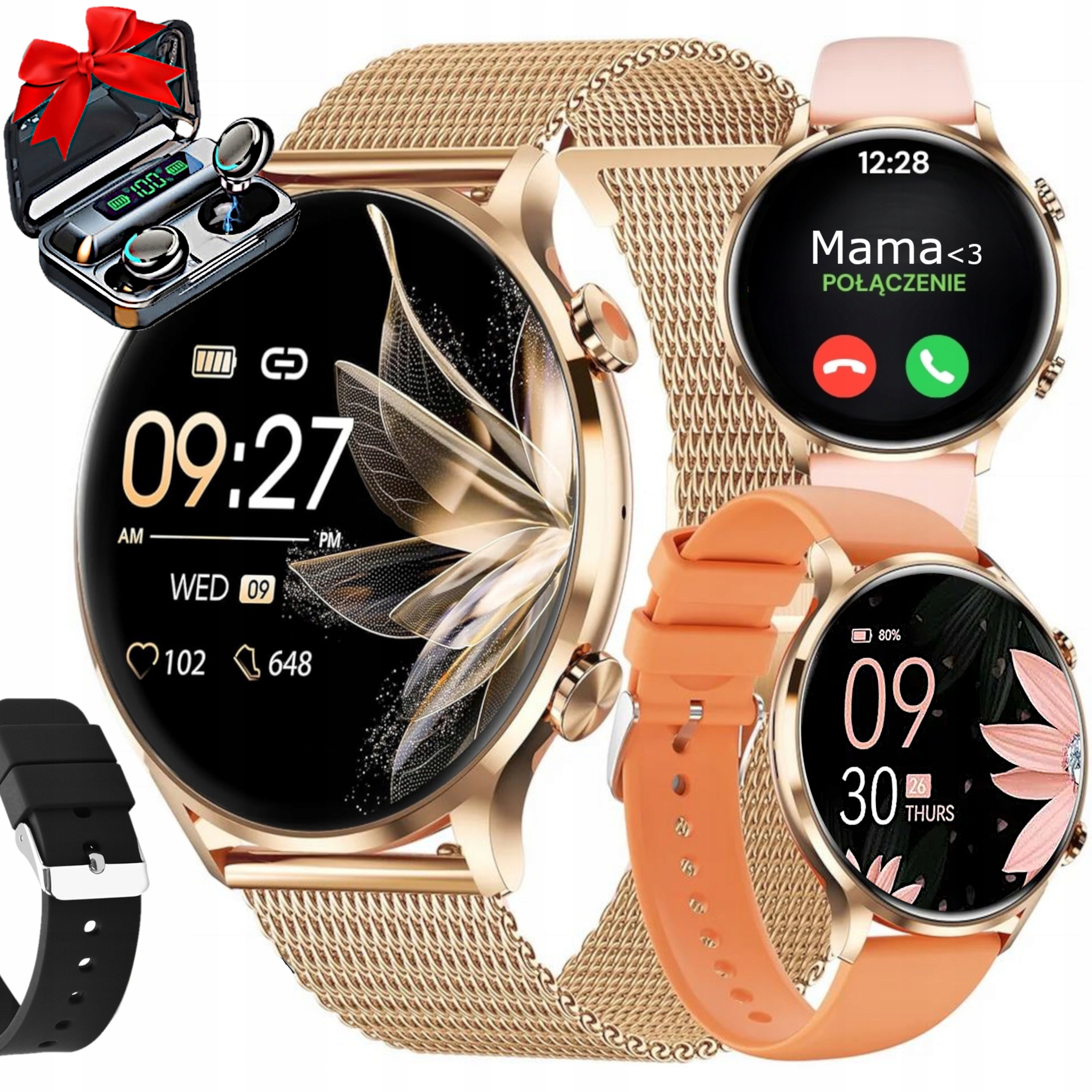 SMARTWATCH DAMSKI Zegarek ROZMOWY WODOODPORNY MENU PL 4 paski ...