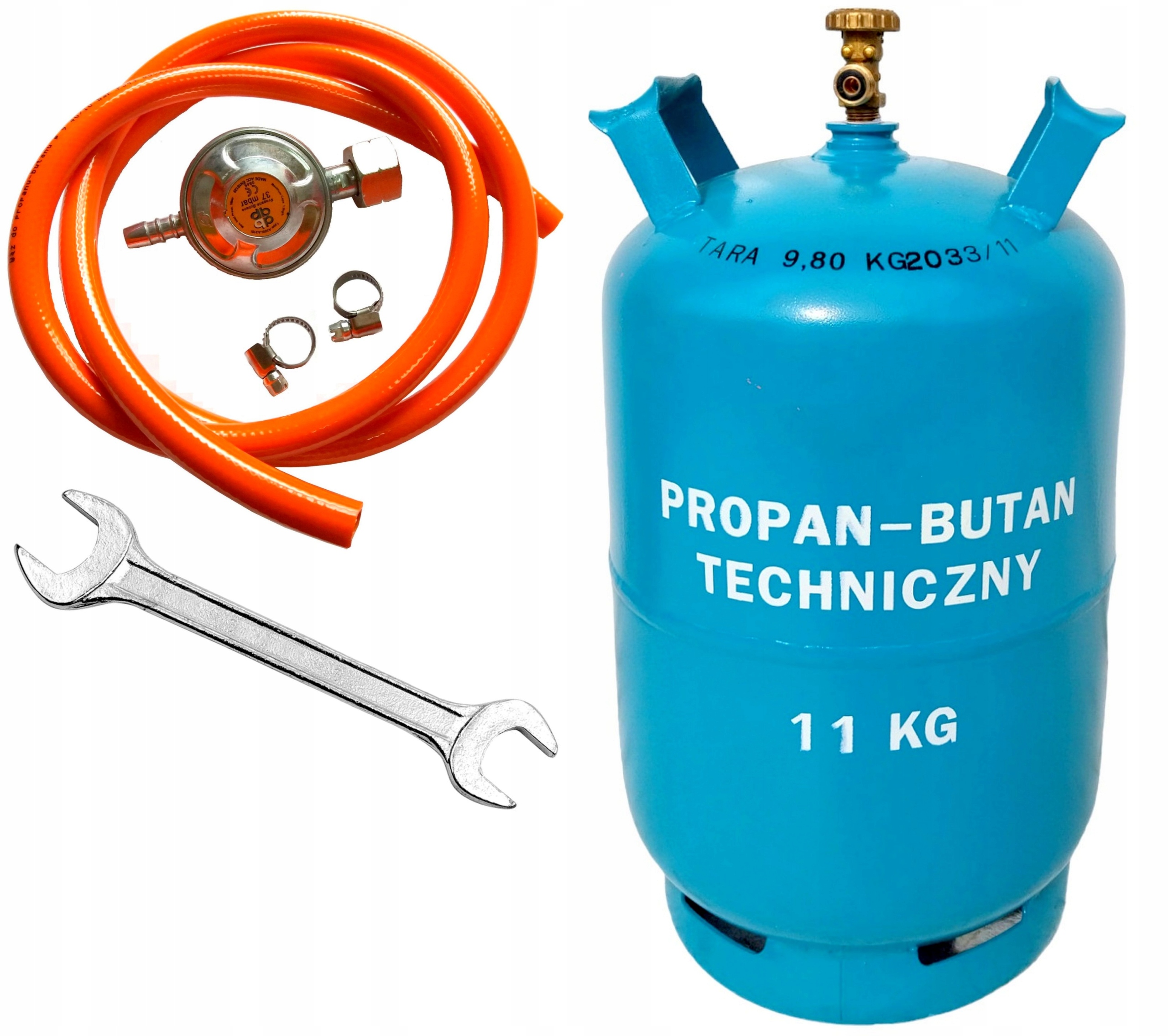 BUTLA GAZOWA PROPAN BUTAN 11KG REDUKTOR WĄŻ OPASKA KLUCZ DO PIEC KUCHENKA (Butla stalowa 11kg ...