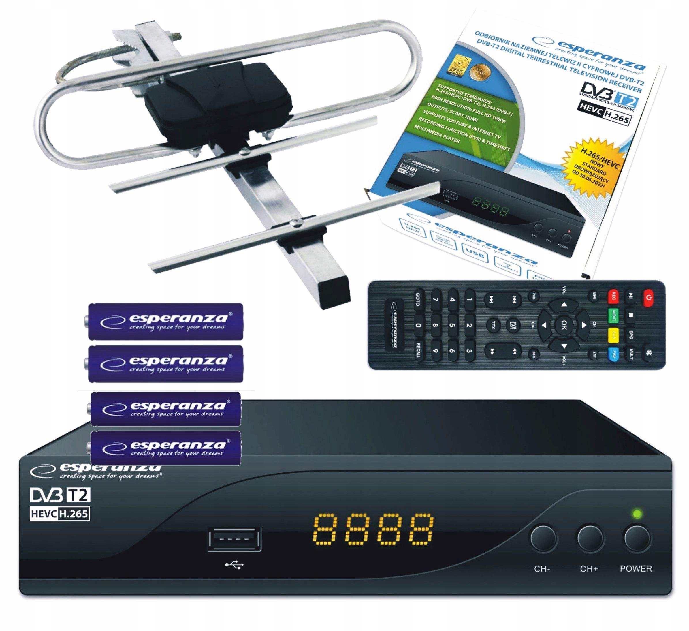 Tuner dekoder cyfrowy TV HD DVB-T2 HDMI H.265 HEVC + Antena + Baterie ...