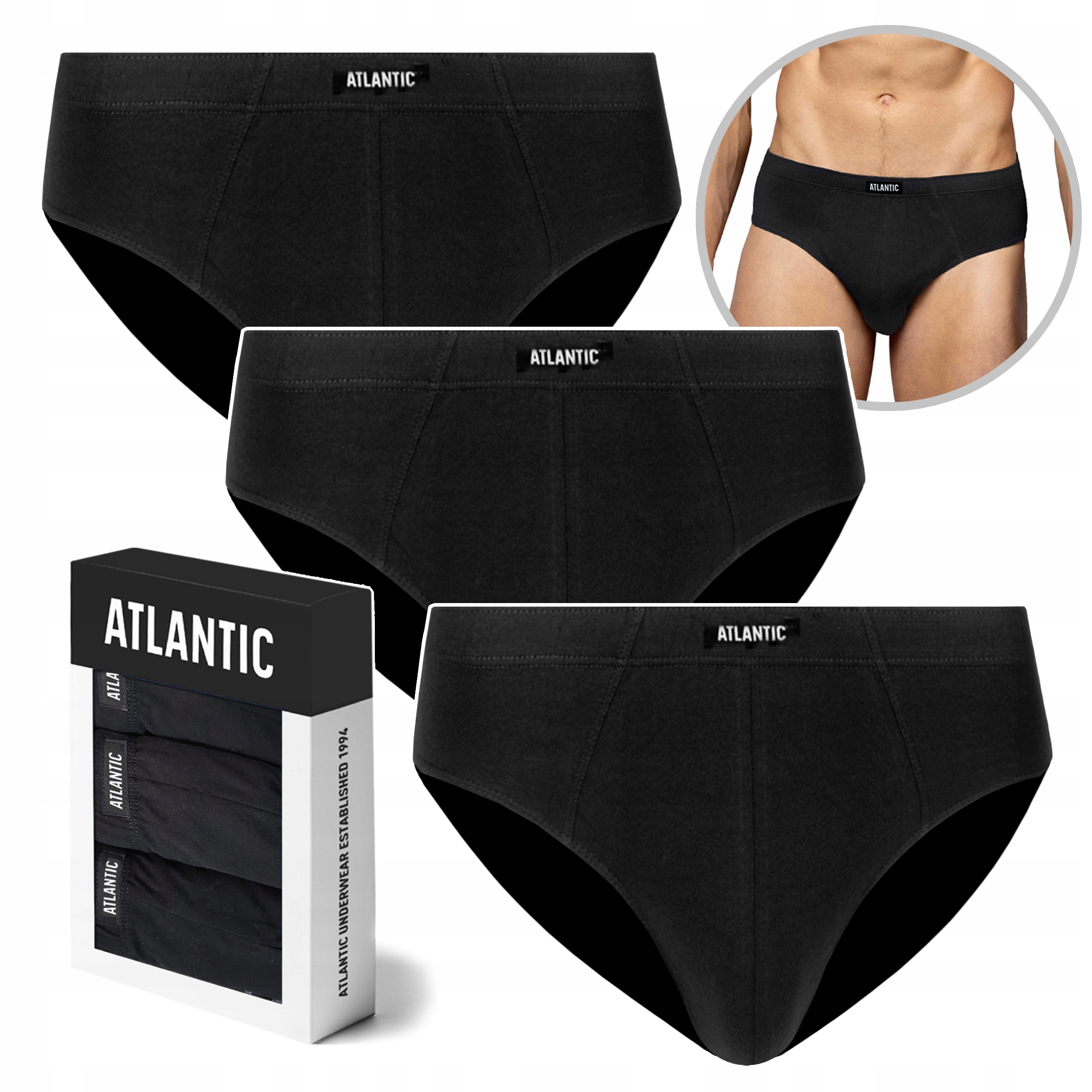 3x Slipy męskie ATLANTIC majtki 100% bawełniane CLASSIC 006 czarne *XL ...