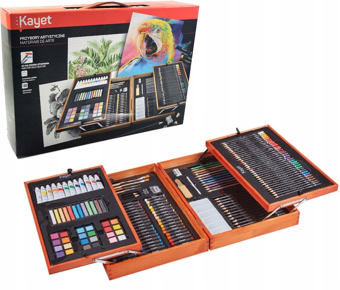 320890 ZESTAW ARTYSTYCZNY SZKOLNY DREWNIANA WALIZKA 180EL KAYET Duży ...