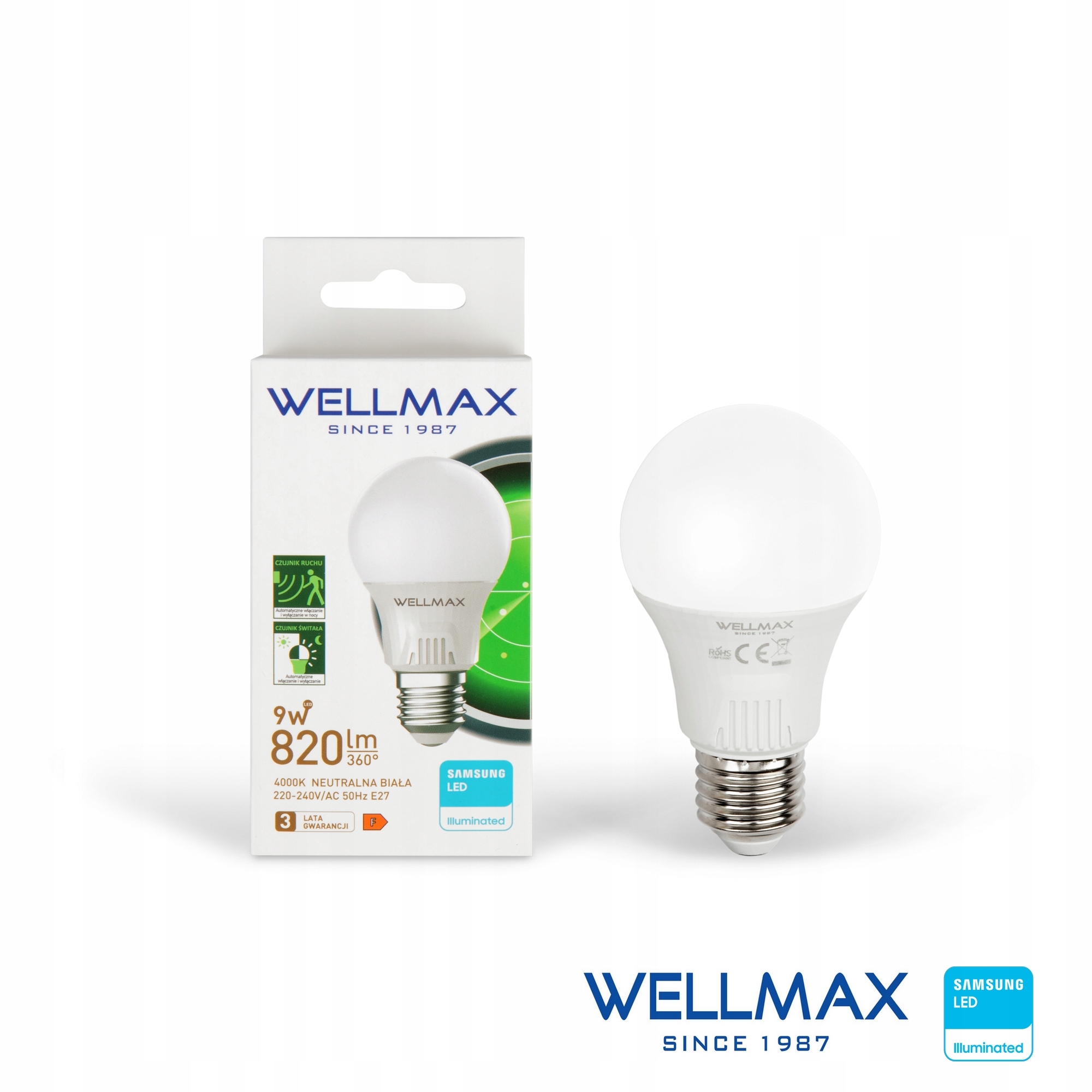 Żarówka LED 9W E27 820 lm Czujnik ruchu i światła 4000K SAMSUNG LED ... Żarówka LED 9W E27 820 lm Czujnik ruchu i światła 4000K SAMSUNG LED ...