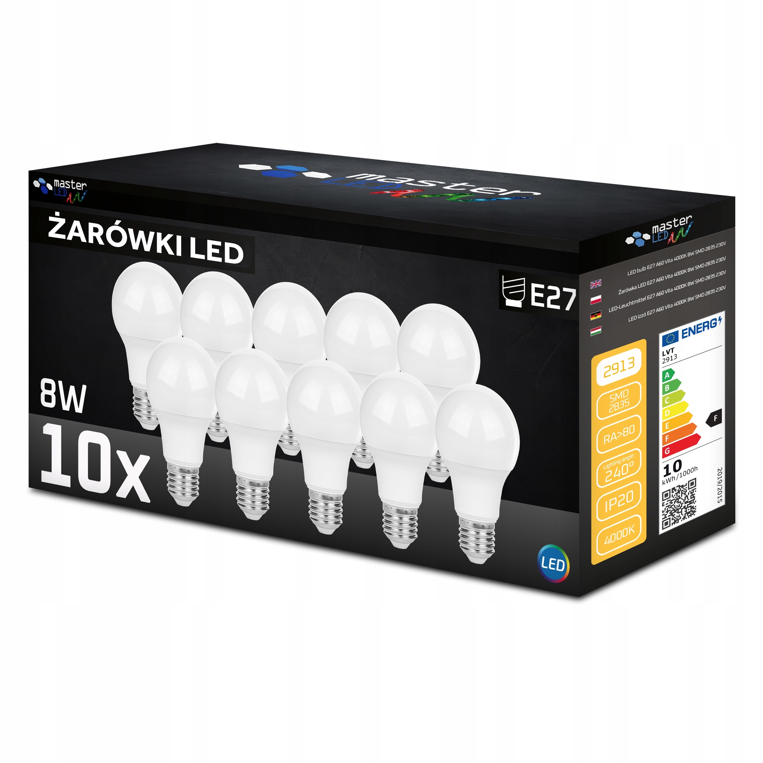 10x Żarówka LED E27 8W biały neutralny 4000K 640lm kula A60 230V zestaw ...
