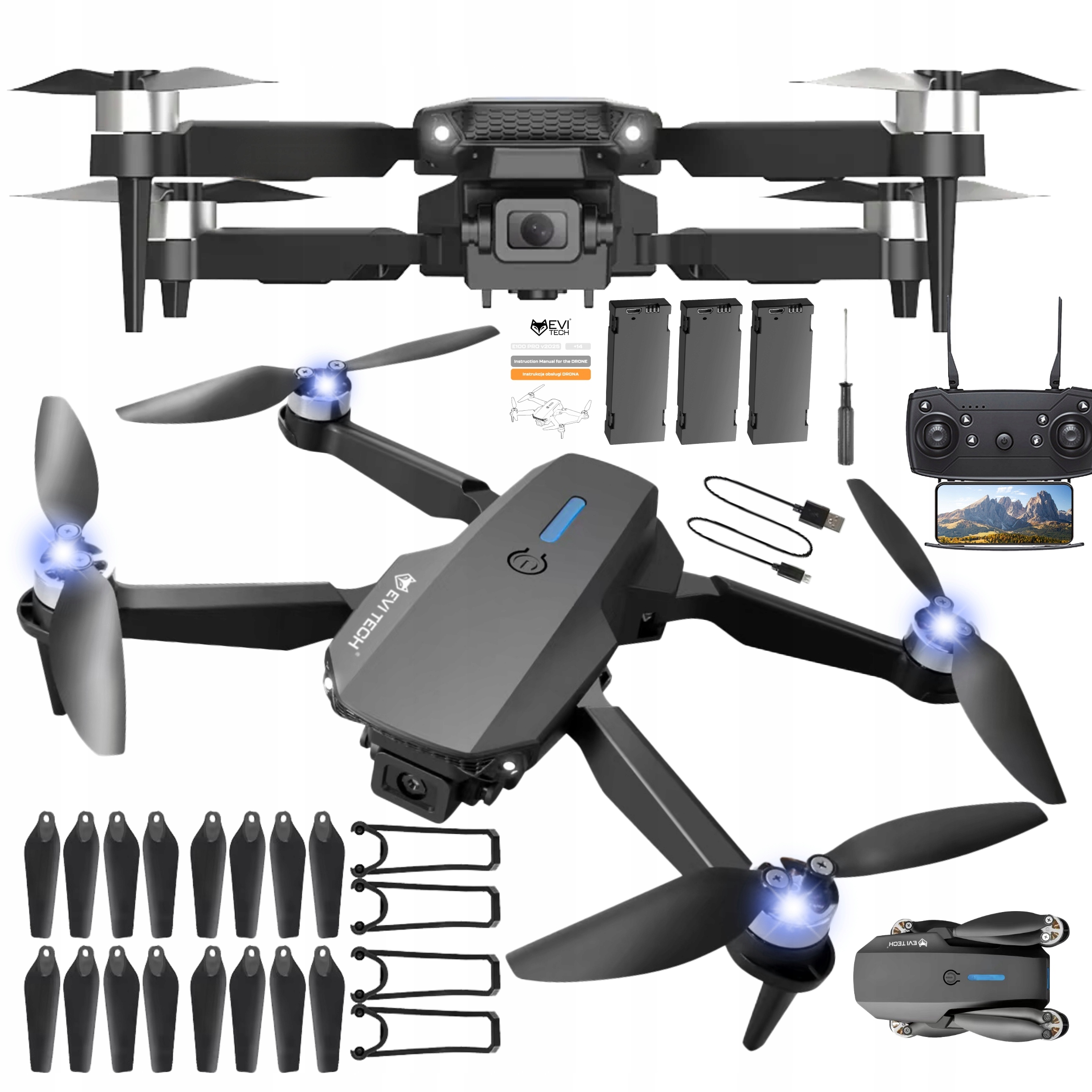 Dron EVI TECH FlyPro2+ - 50km/h + 2 kamery + FPV (VR) 350 m 1800 mAh • Opinie - Allegro