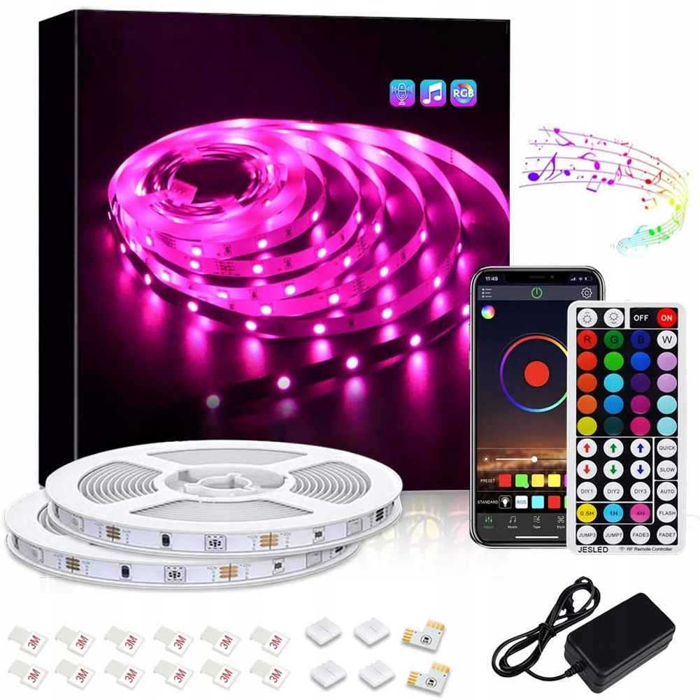 TAŚMA LED RGB KOLOROWA 20M BLUETOOTH STEROWANIE MUZYKĄ APLIKACJA PILOT ...