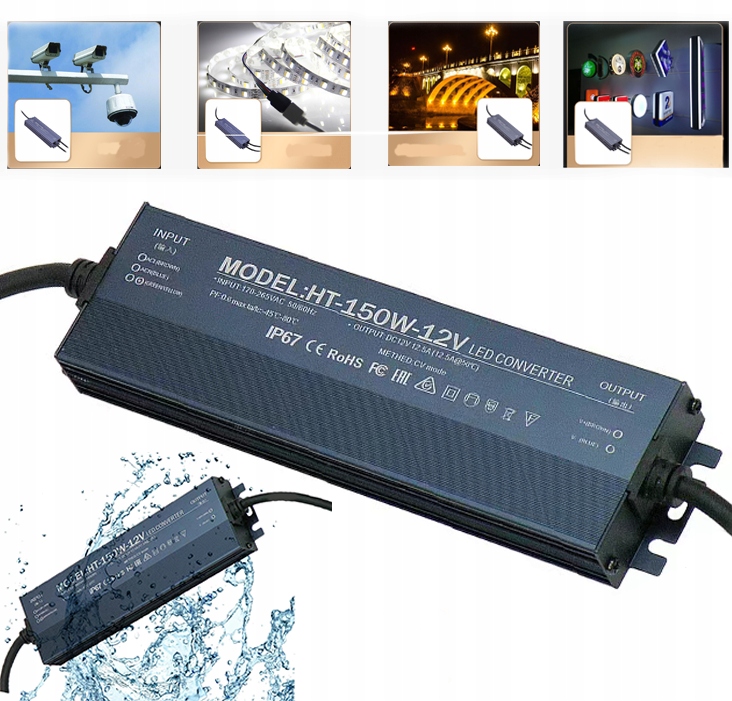 Zasilacz meblowy LED 150W 12V Transformator Wodoszczelny IP67 Do Taśm ...