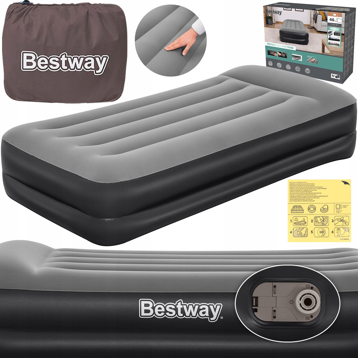 Wygodny Materac Dmuchany Jednoosobowy Bestway 67401 z Pompką 230V Łóżko ...