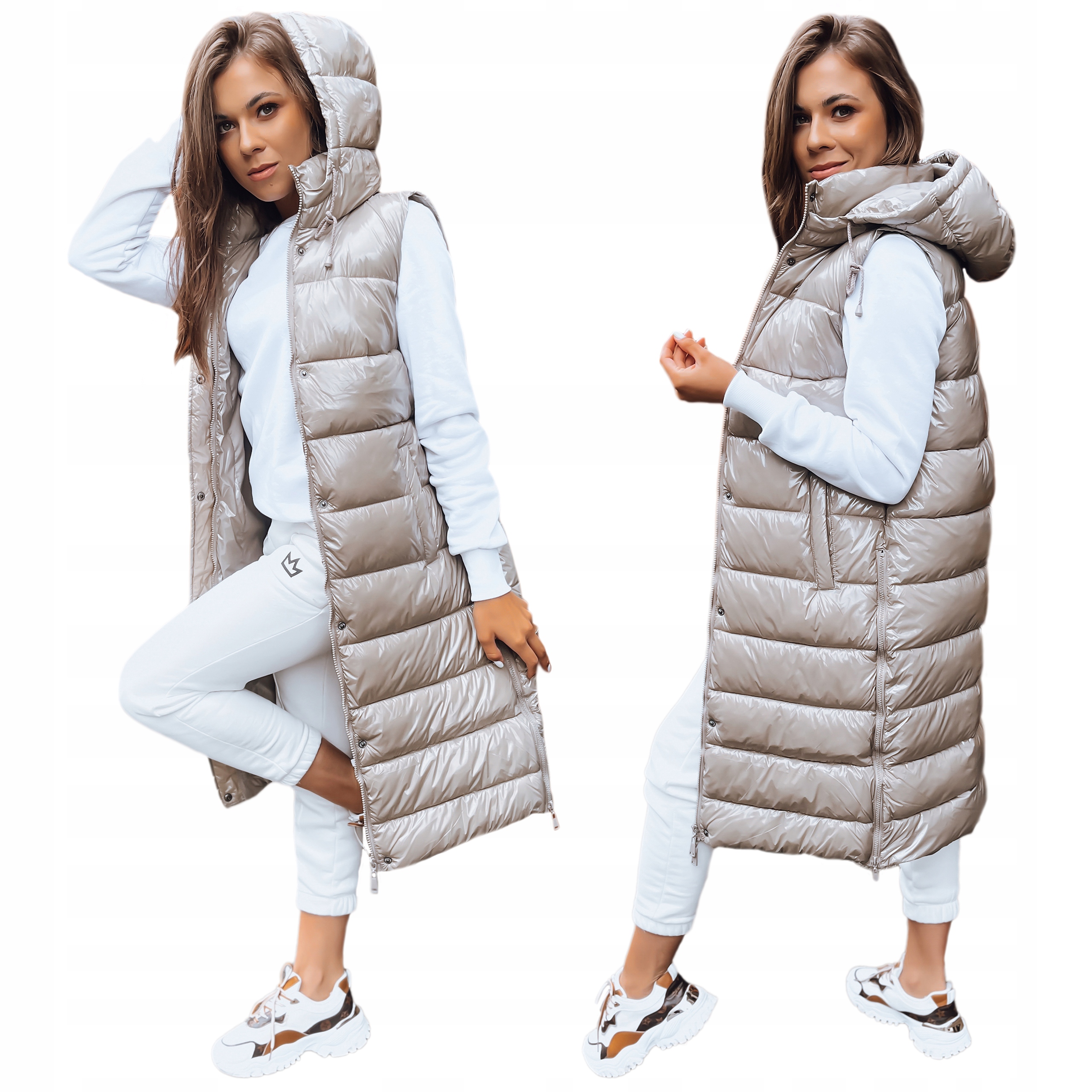 DŁUGA PIKOWANA KAMIZELKA DAMSKA Z KAPTUREM roz. M 14226100202 - Allegro.pl