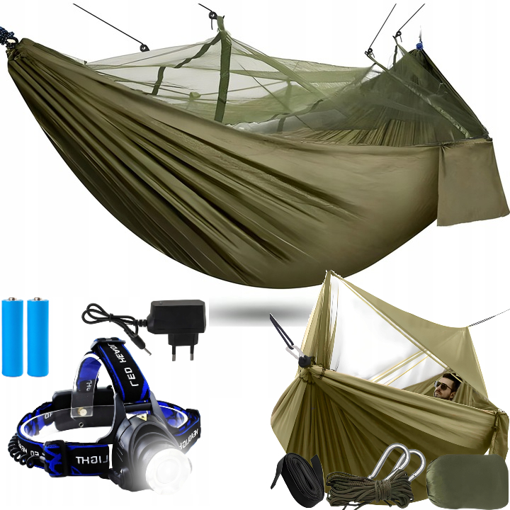 DUŻY HAMAK DWUOSOBOWY TURYSTYCZNY Z MOSKITIERA BIWAK Podróżny Lekki Las ...