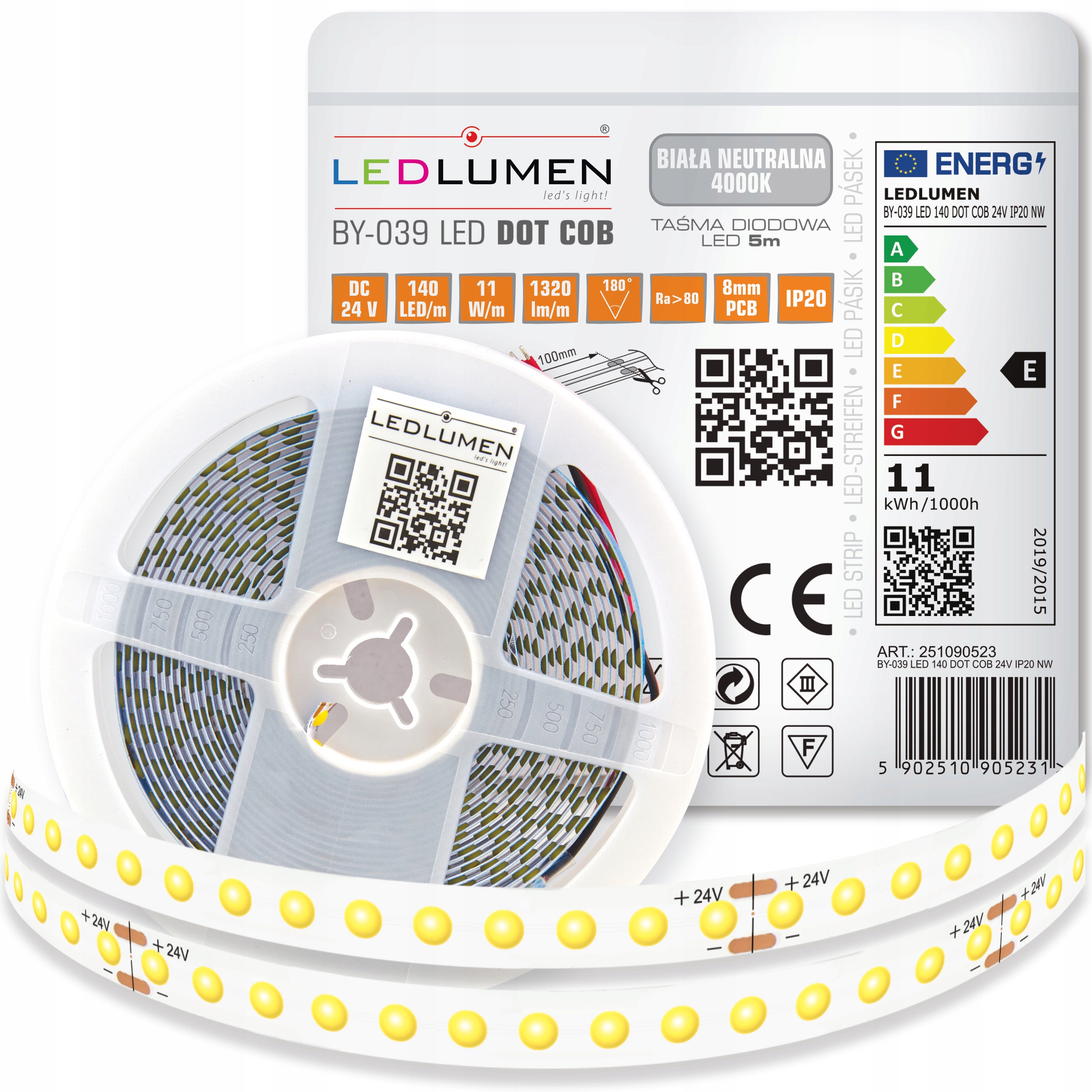 Taśma LED 24V 700 DIOD COB 5m IP20 1320lm/m 55W 180° Mocna Neon Linia ...
