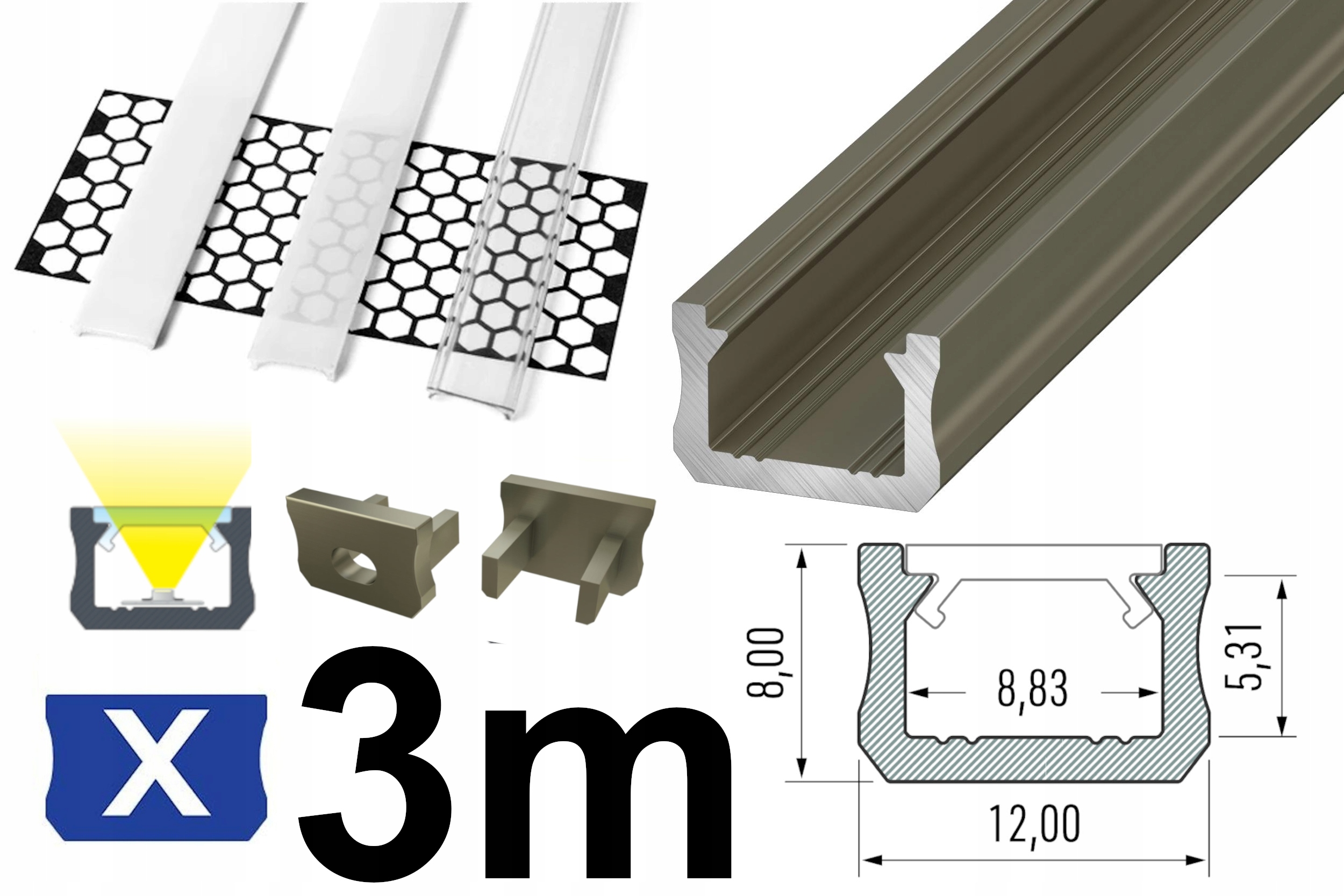 PROFIL LED 3M ALUMINOWY DO TAŚM 12mm WĄSKI TYP X INOX ANODOWANY 3M ...