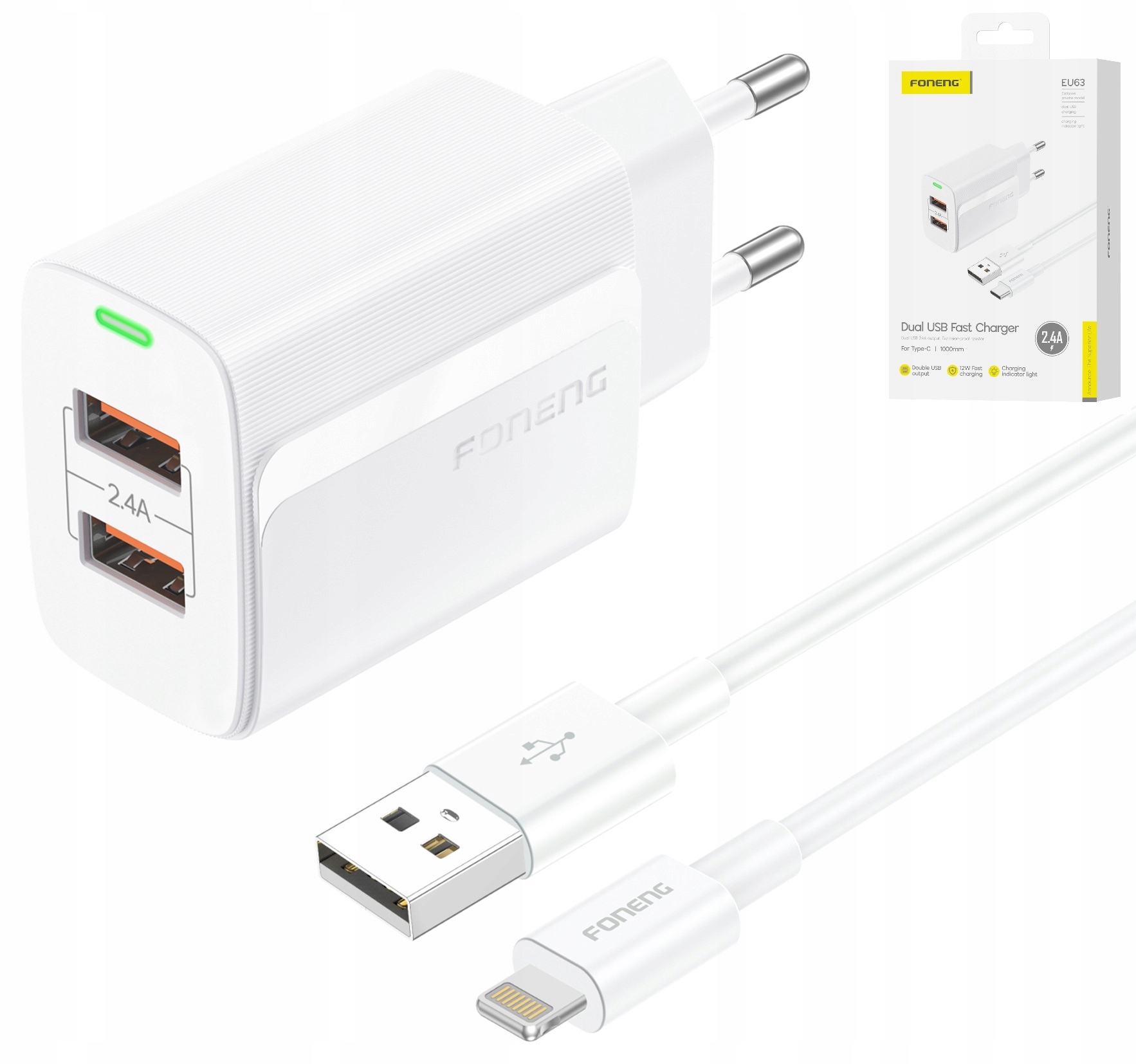 FONENG | SZYBKA ŁADOWARKA 2x USB 2.4A + KABEL USB/Lightning 1-METR [biała] - Sklep, Opinie, Cena ...