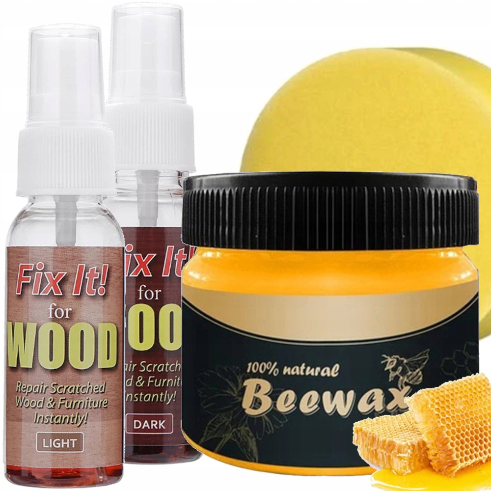 ZESTAW DO PIELĘGNACJI DREWNA MEBLI RYS BEEWAX+PŁYN (wosk do drewna mebli uniwersalny gąbka ...