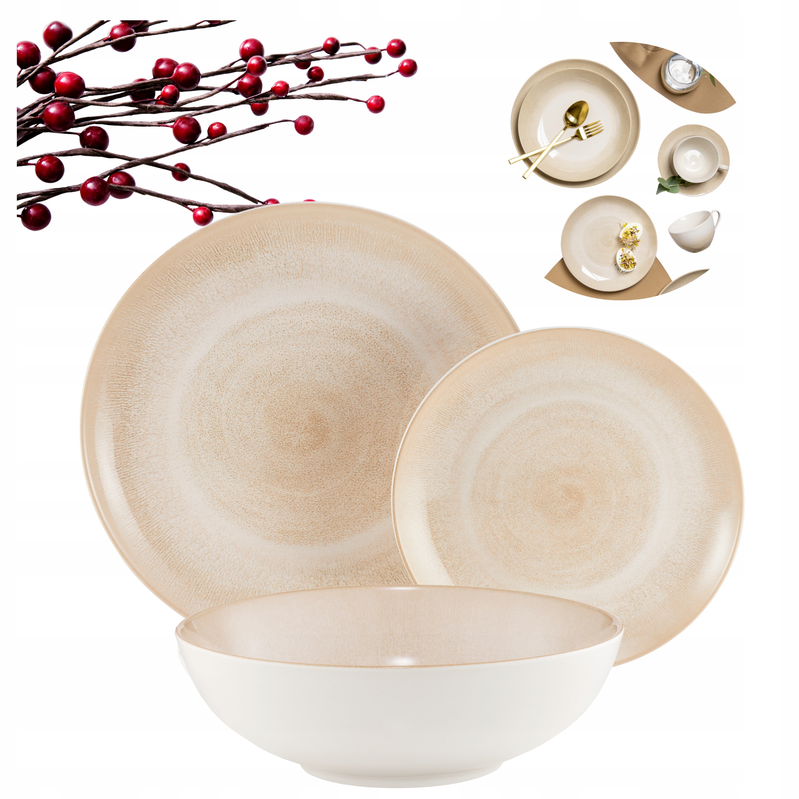 KOMPLET TALERZY ZESTAW OBIADOWY 4 OSÓB TALERZE CERAMICZNE AMBITION ...