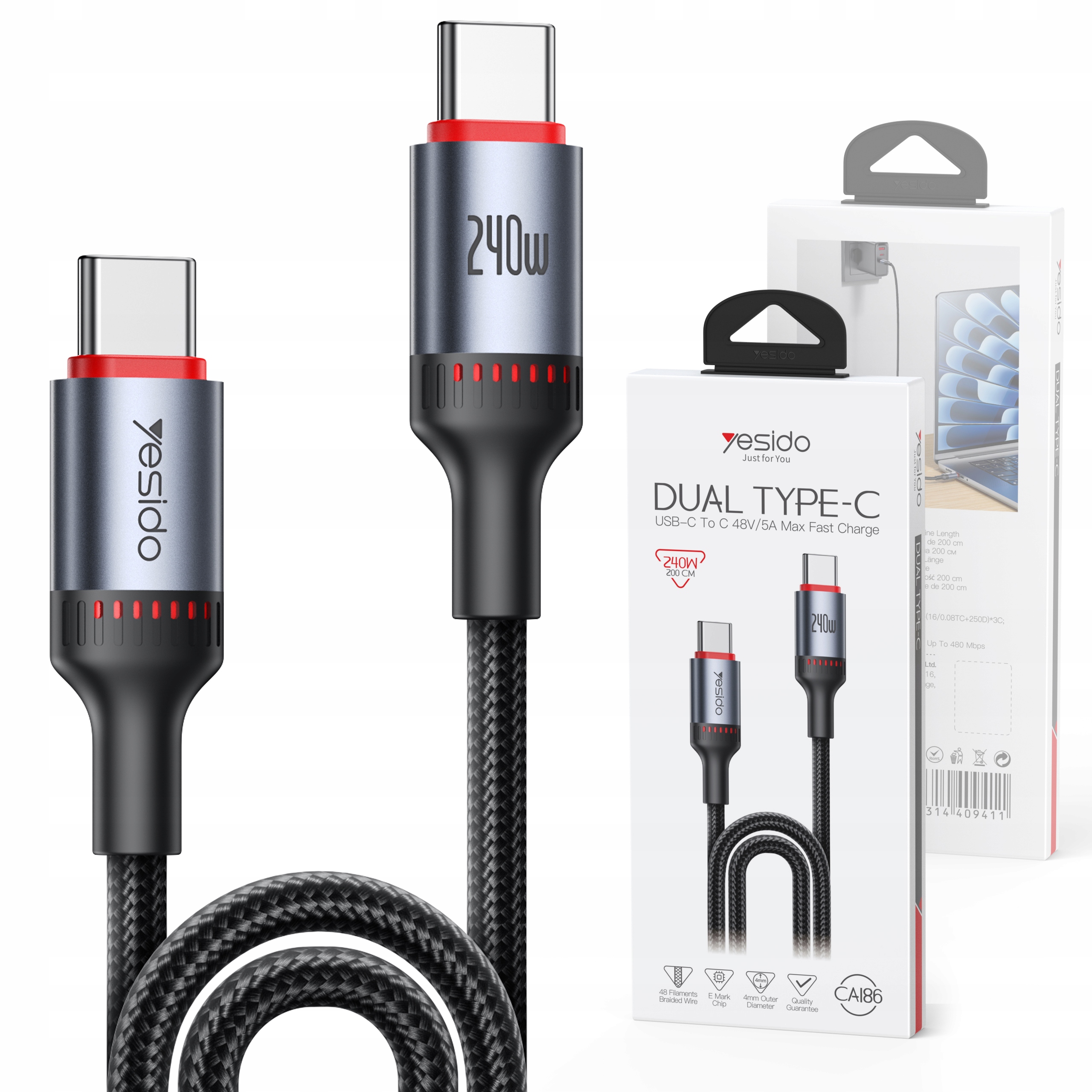 Kabel Yesido USB typ C - USB typ C 2 m czarny - Sklep, Opinie, Cena w Allegro