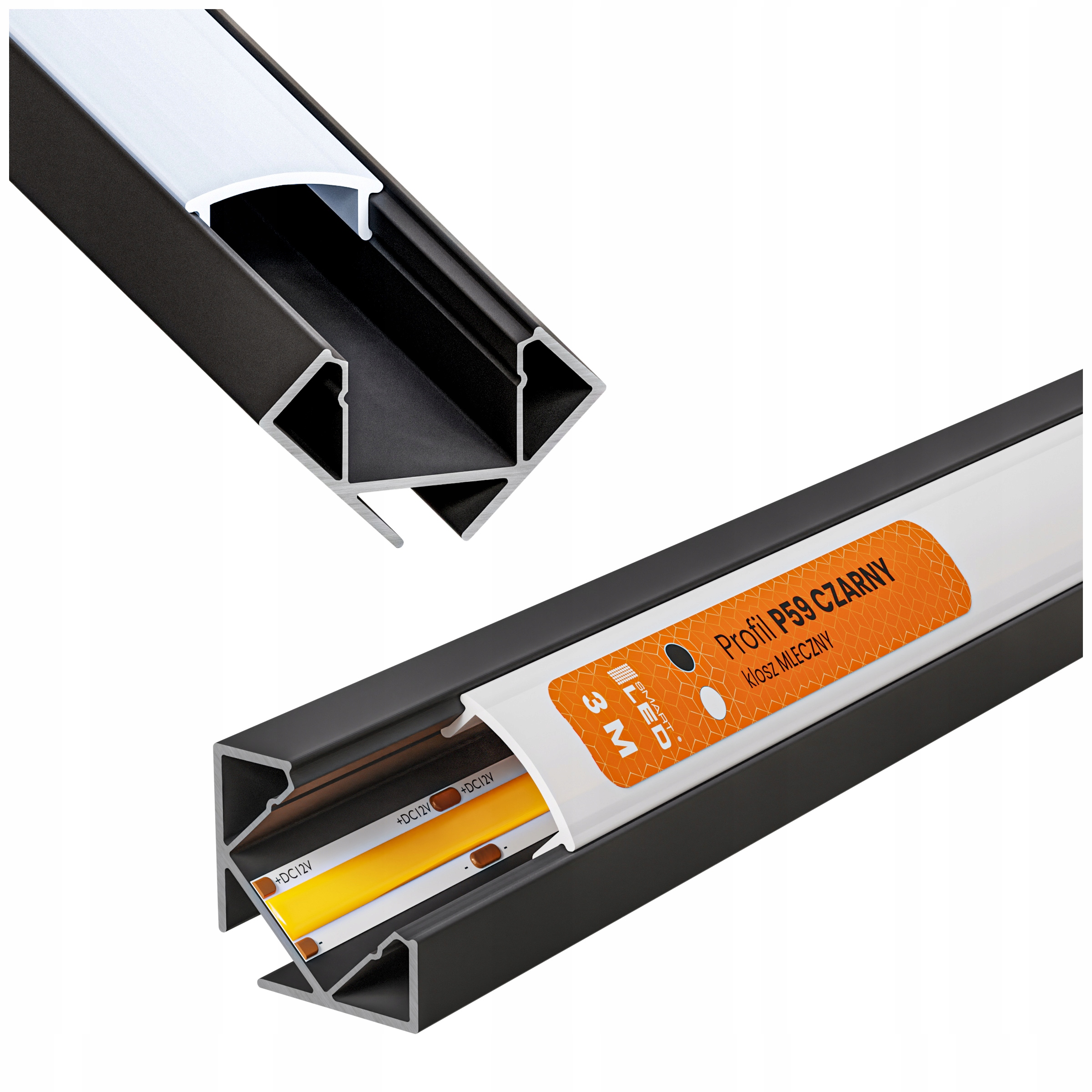 Profil LED Aluminiowy Do Taśma Narożny Kątowy Czarny Klosz Mleczny 3M ...