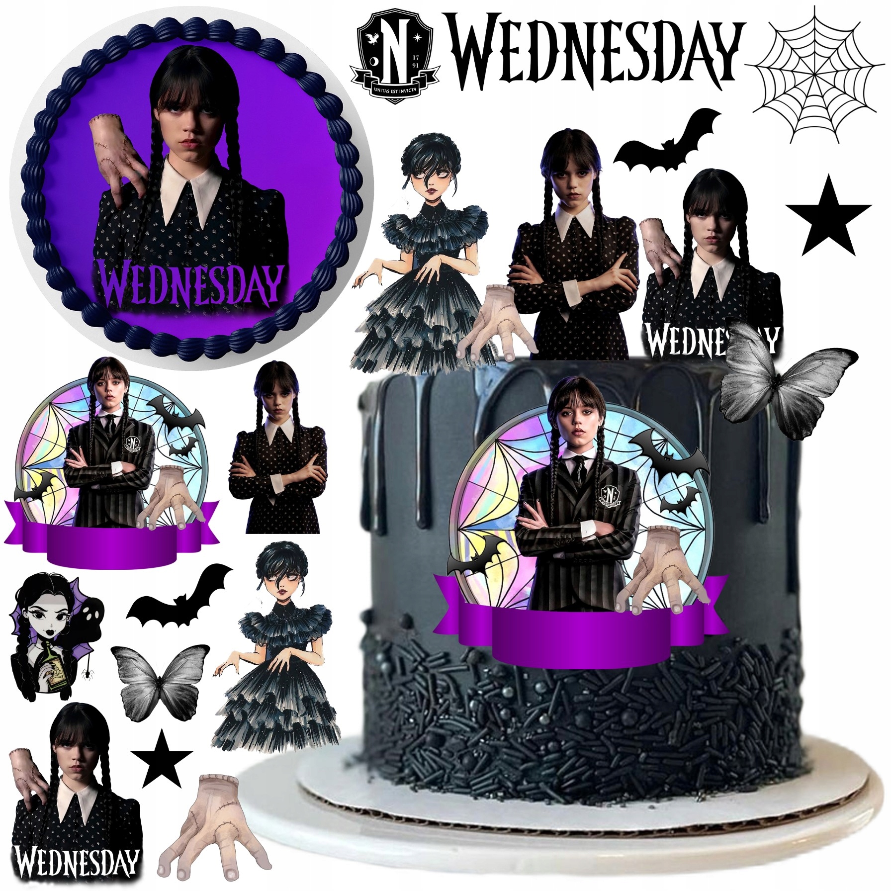 OPŁATEK NA TORT WEDNESDAY + POSTACIE I NAPIS OKRĄGŁY 20 CM NA ...