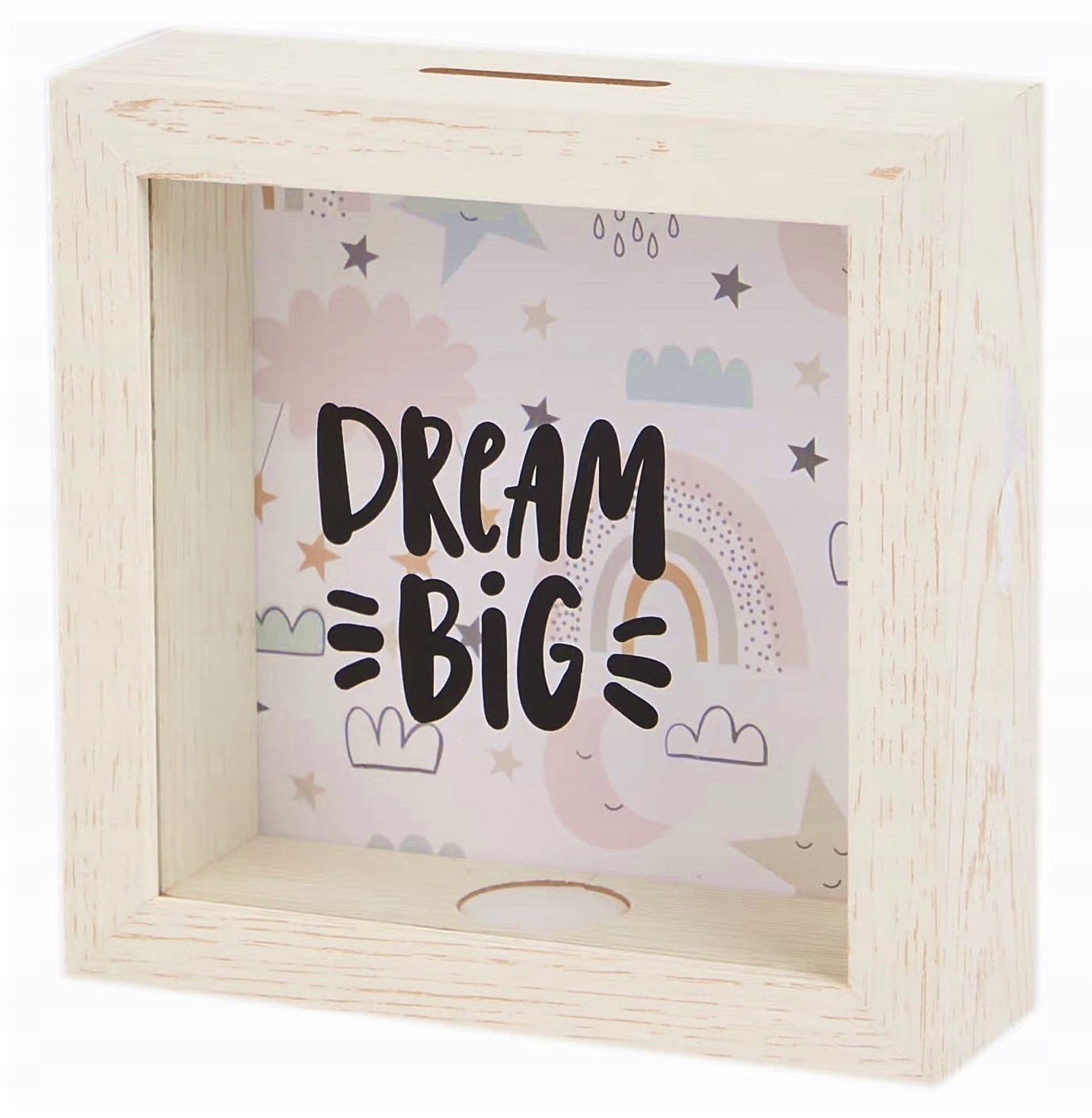 SKARBONKA DREWNIANA SKRZYNKA NA PIENIĄDZE OSZCZĘDNOŚCI SZKŁO DREAM BIG ...