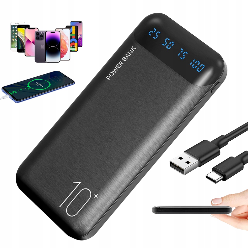 POWERBANK 10000mAh 2×USB/USB-C SZYBKI WYDAJNY POWER BANK LED CZARNY ...