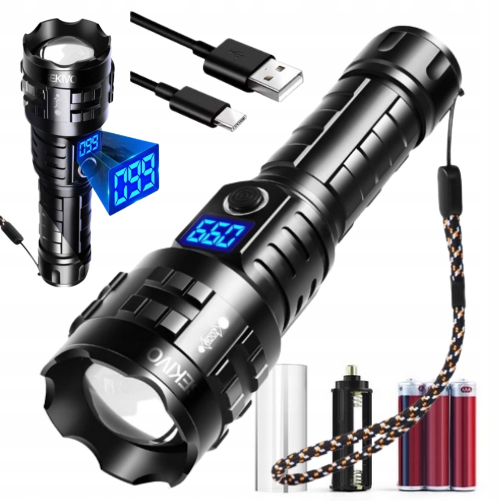 Latarka LED akumulator taktyczna MOCNA POWERBANK - 13323152152 - Allegro