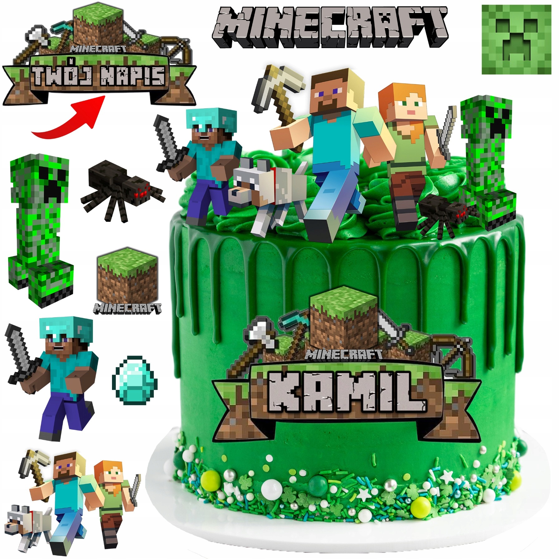 OPŁATEK NA TORT MINECRAFT ZESTAW POSTACI Z NAPISEM POSTACIE + TEKST ...